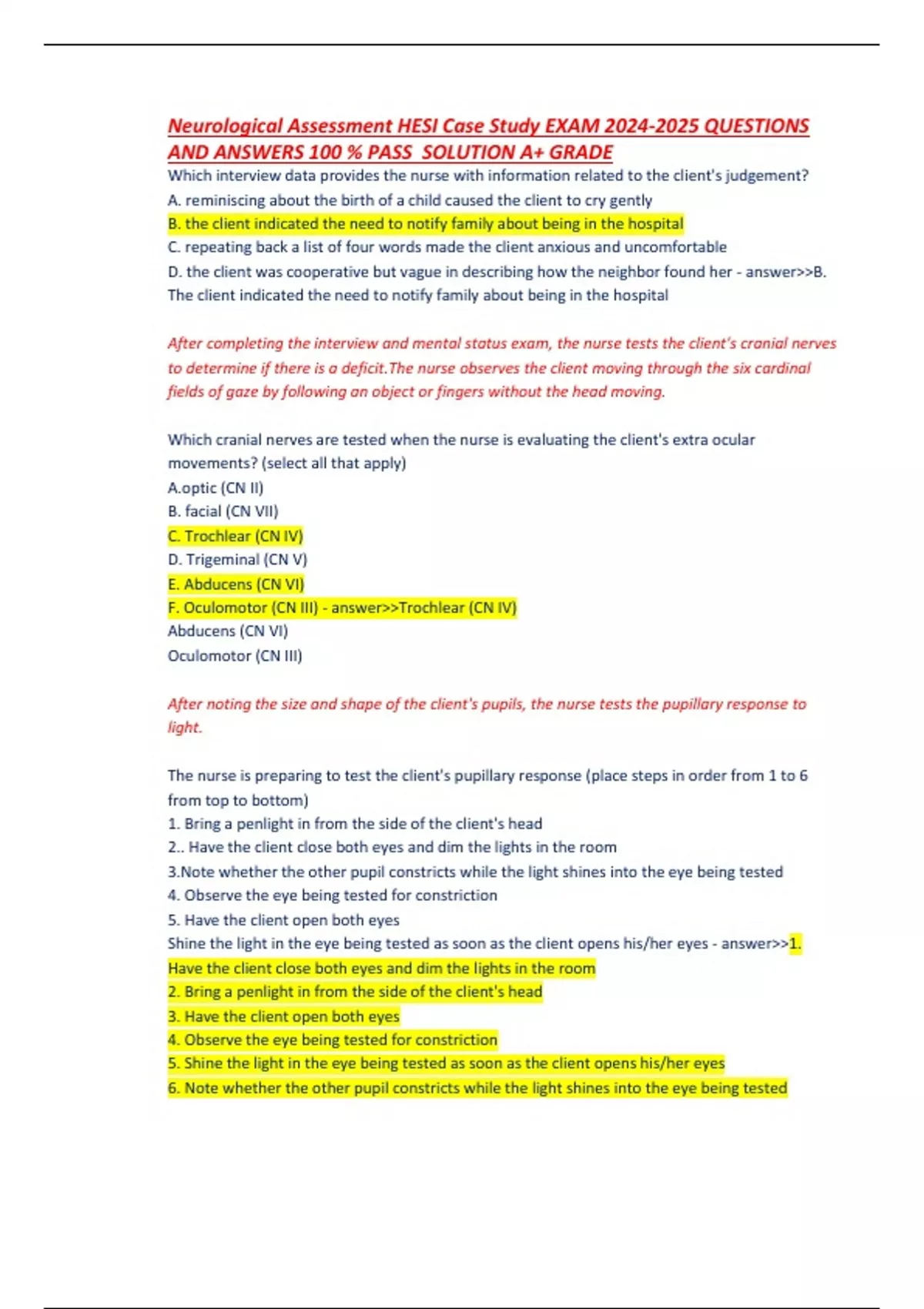 Neurological Assessment HESI Case Study EXAM QUESTIONS AND ANSWERS 100 ...
