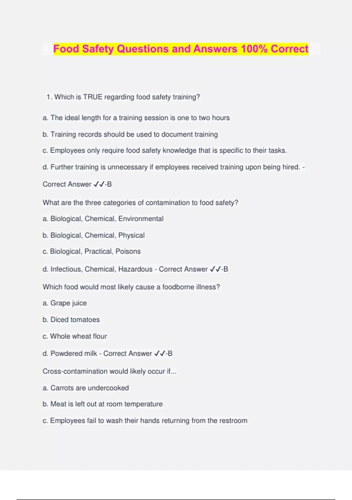 Food Safety Questions and Answers 100% Correct - Food safety manager ...