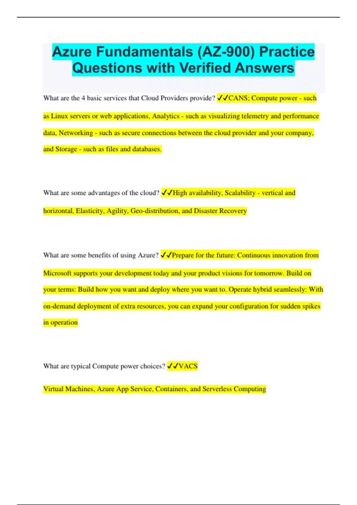 Azure Fundamentals (AZ-900) Practice Questions with Verified Answers ...