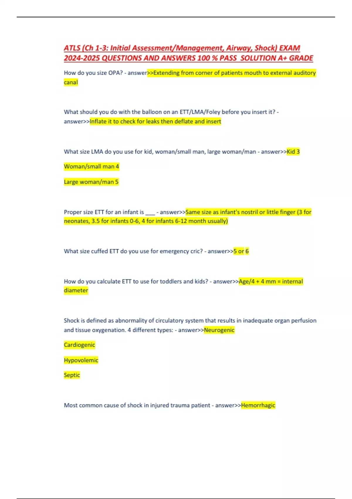 ATLS (Ch 1-3: Initial Assessment/Management, Airway, Shock) EXAM ...