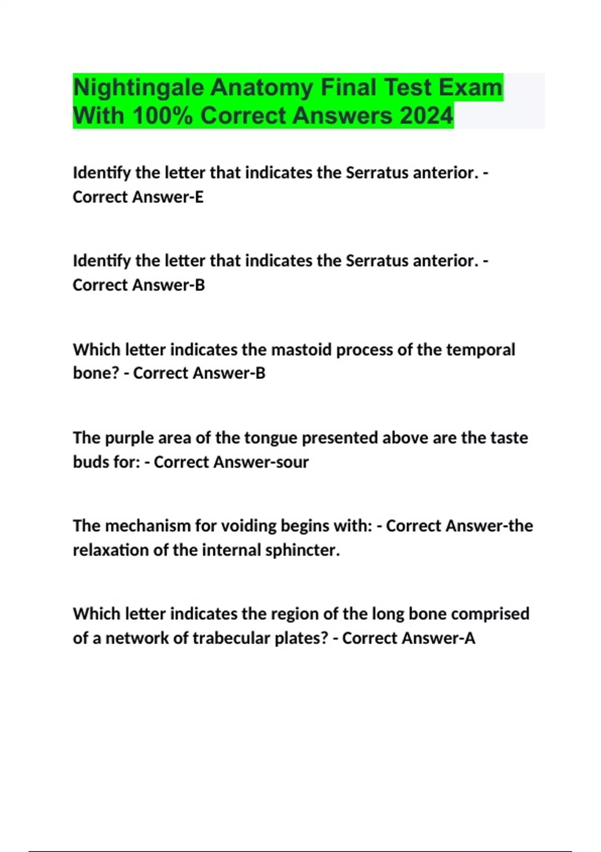 Nightingale Anatomy Final Test Exam With 100% Correct Answers 2024 ...
