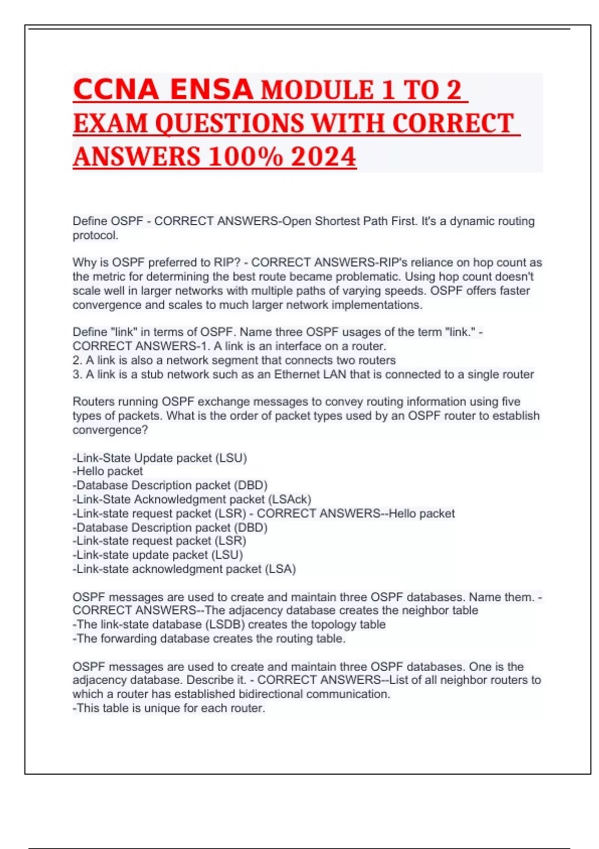 CCNA ENSA MODULE 1 TO 2 EXAM QUESTIONS WITH CORRECT ANSWERS 100% 2024 - CCNA ENSA - Stuvia US