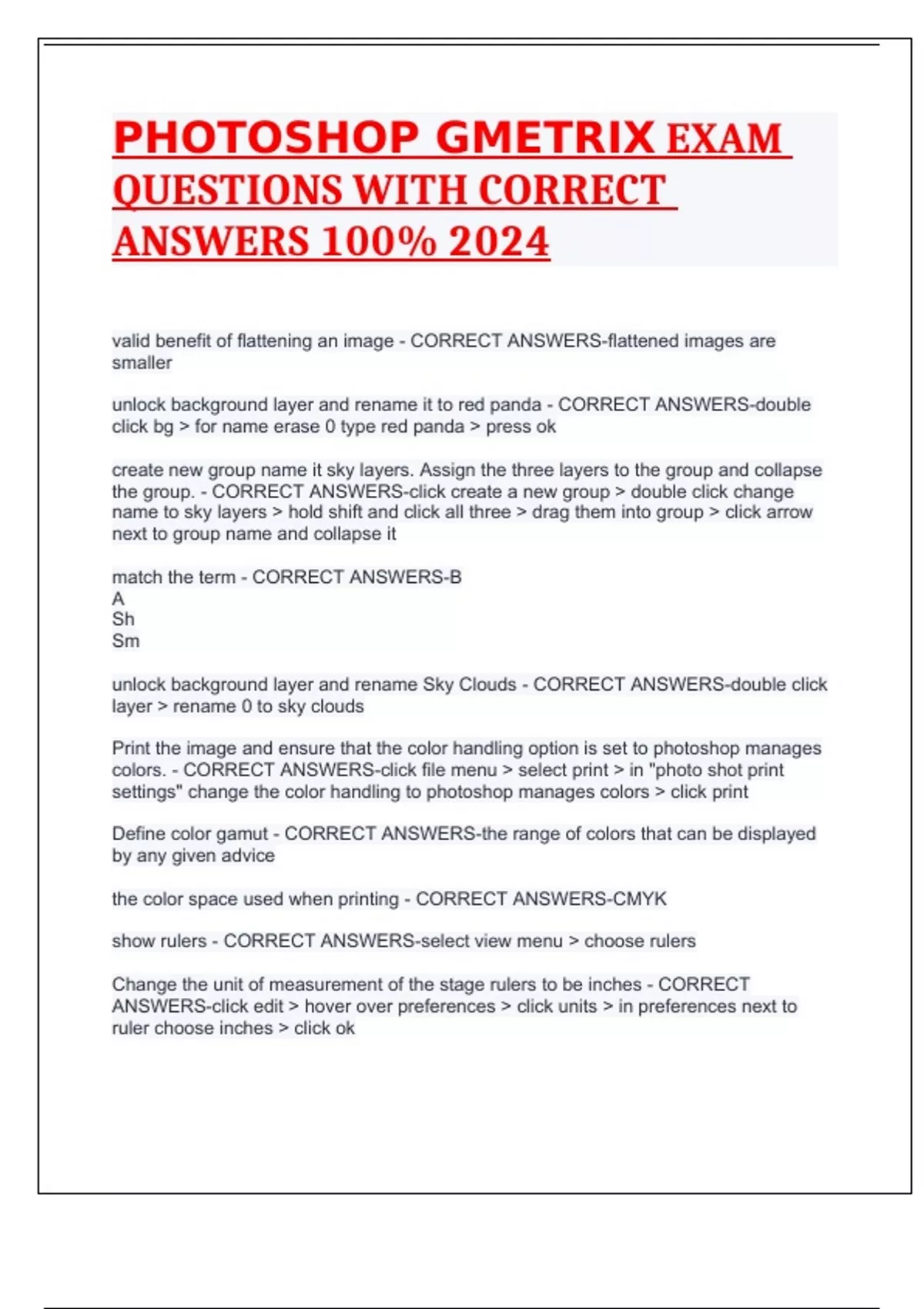 PHOTOSHOP GMETRIX EXAM QUESTIONS WITH CORRECT ANSWERS 100% 2024 ...