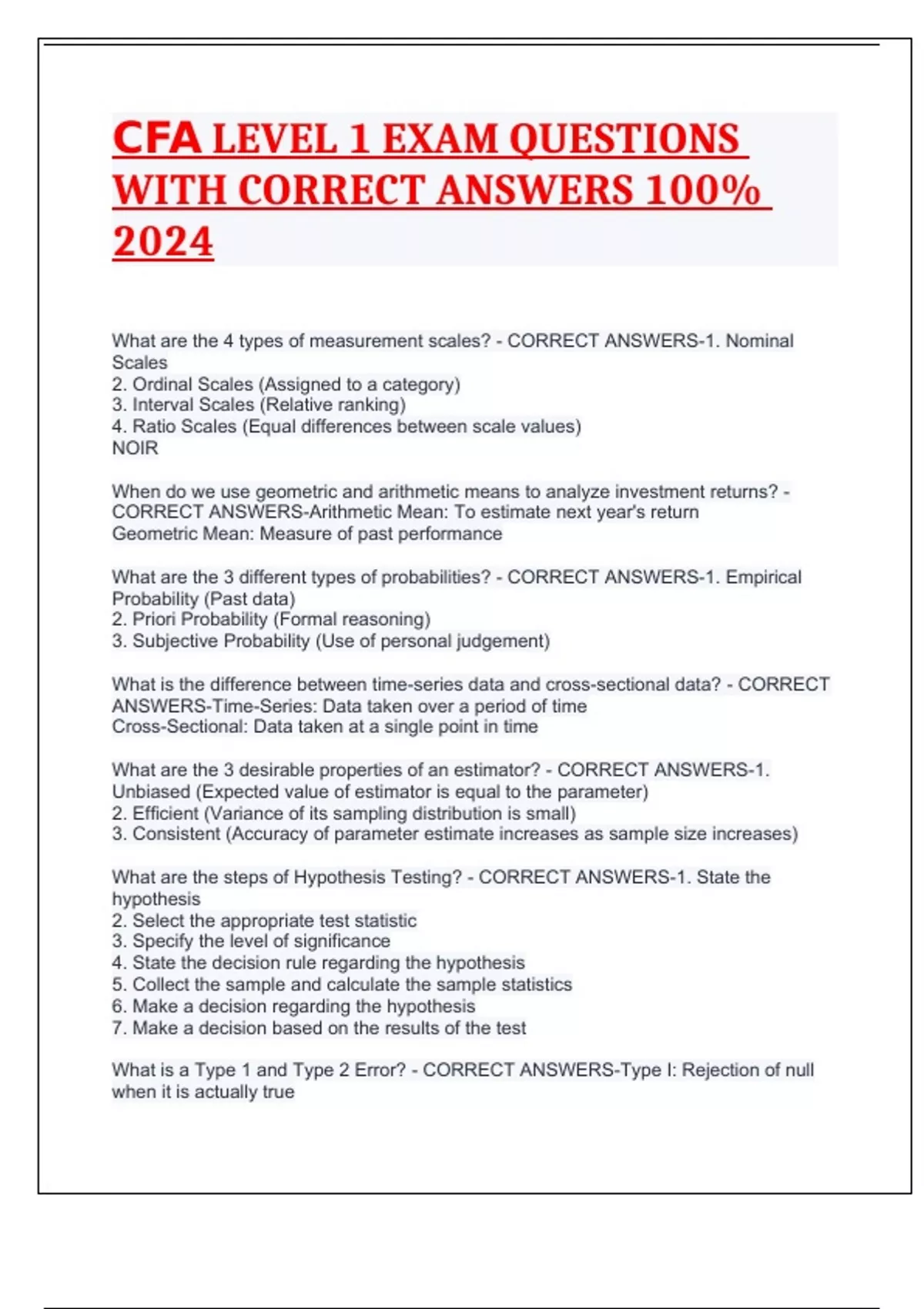 CFA LEVEL 1 EXAM QUESTIONS WITH CORRECT ANSWERS 100% 2024 - CFA - Stuvia NL