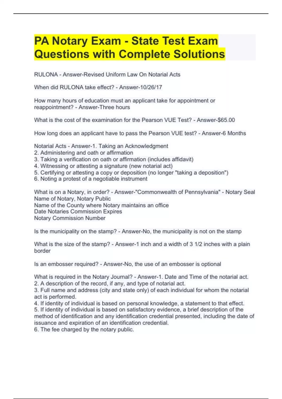 PA Notary Exam - State Test Exam Questions with Complete Solutions ...