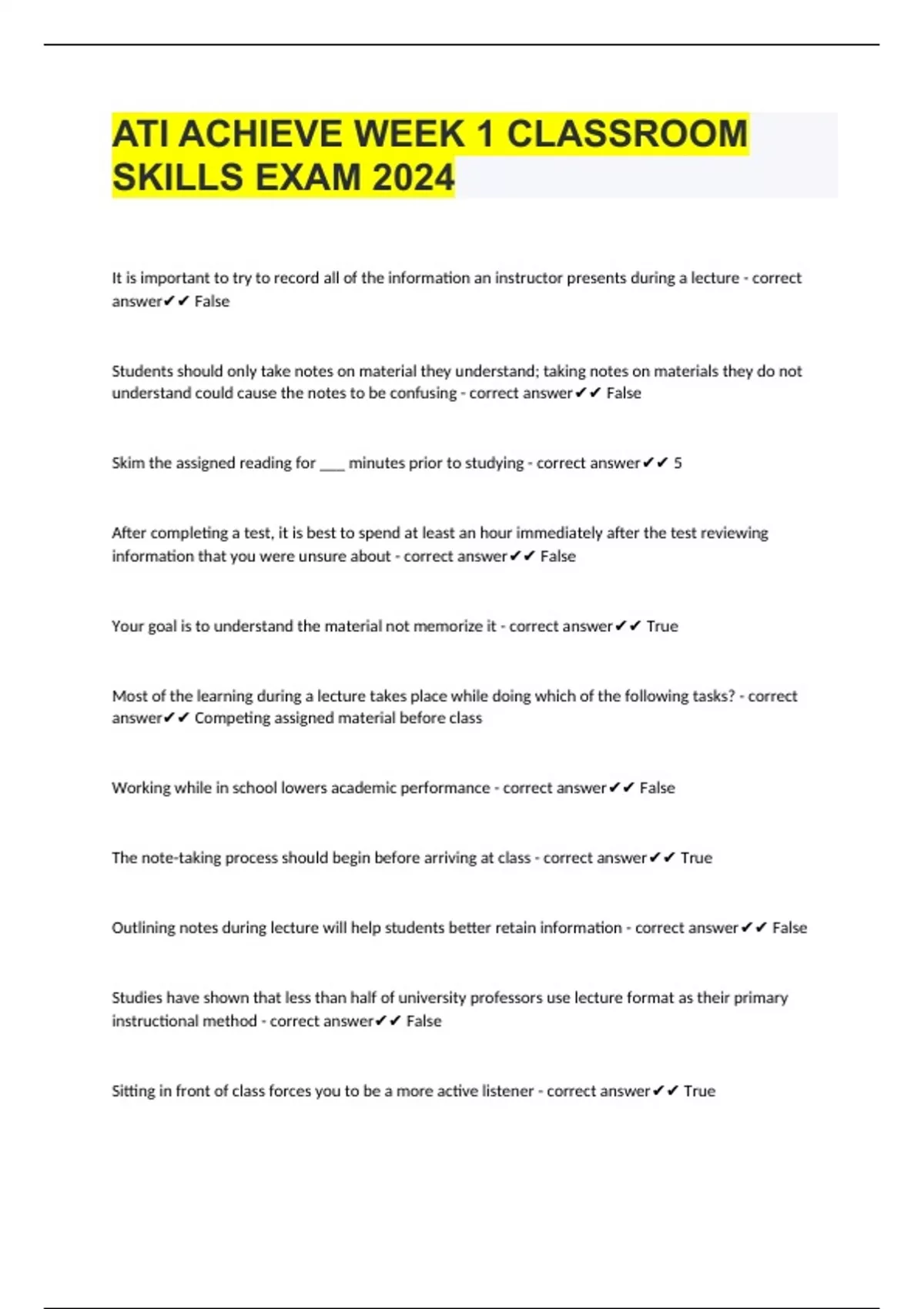 ATI ACHIEVE WEEK 1 CLASSROOM SKILLS EXAM 2024 - ATI ACHIEVE - Stuvia US