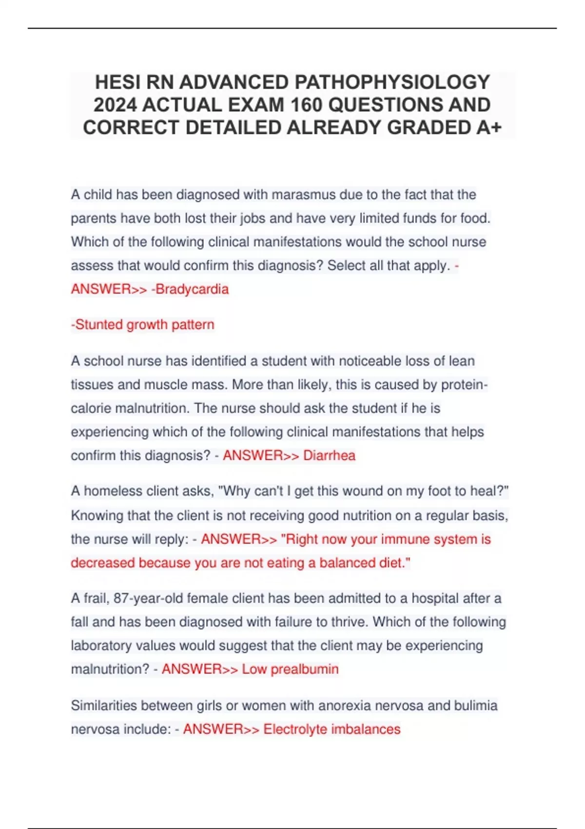 HESI RN ADVANCED PATHOPHYSIOLOGY 2024 ACTUAL EXAM 160 QUESTIONS AND CORRECT DETAILED ALREADY ...