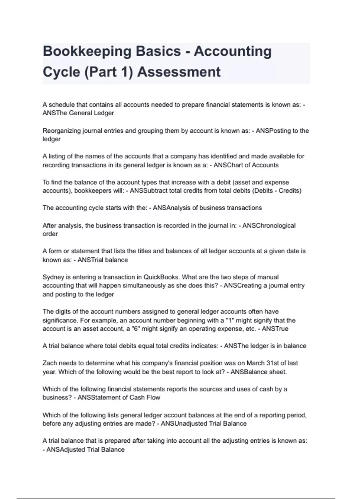 Bookkeeping Basics - Accounting Cycle (Part 1) Assessment questions and answers rated A+ by ...
