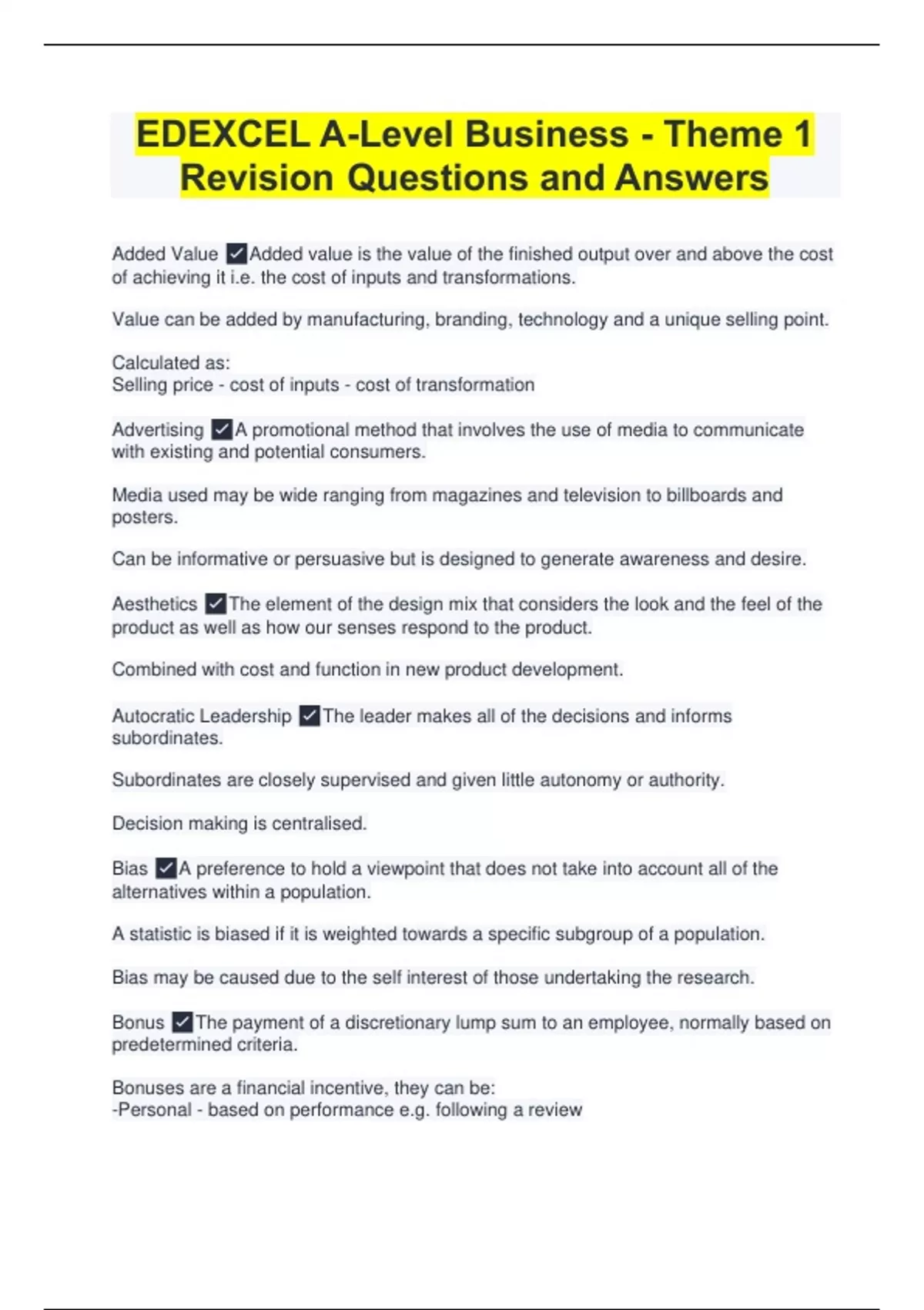 EDEXCEL A-Level Business - Theme 1 Revision Questions and Answers ...