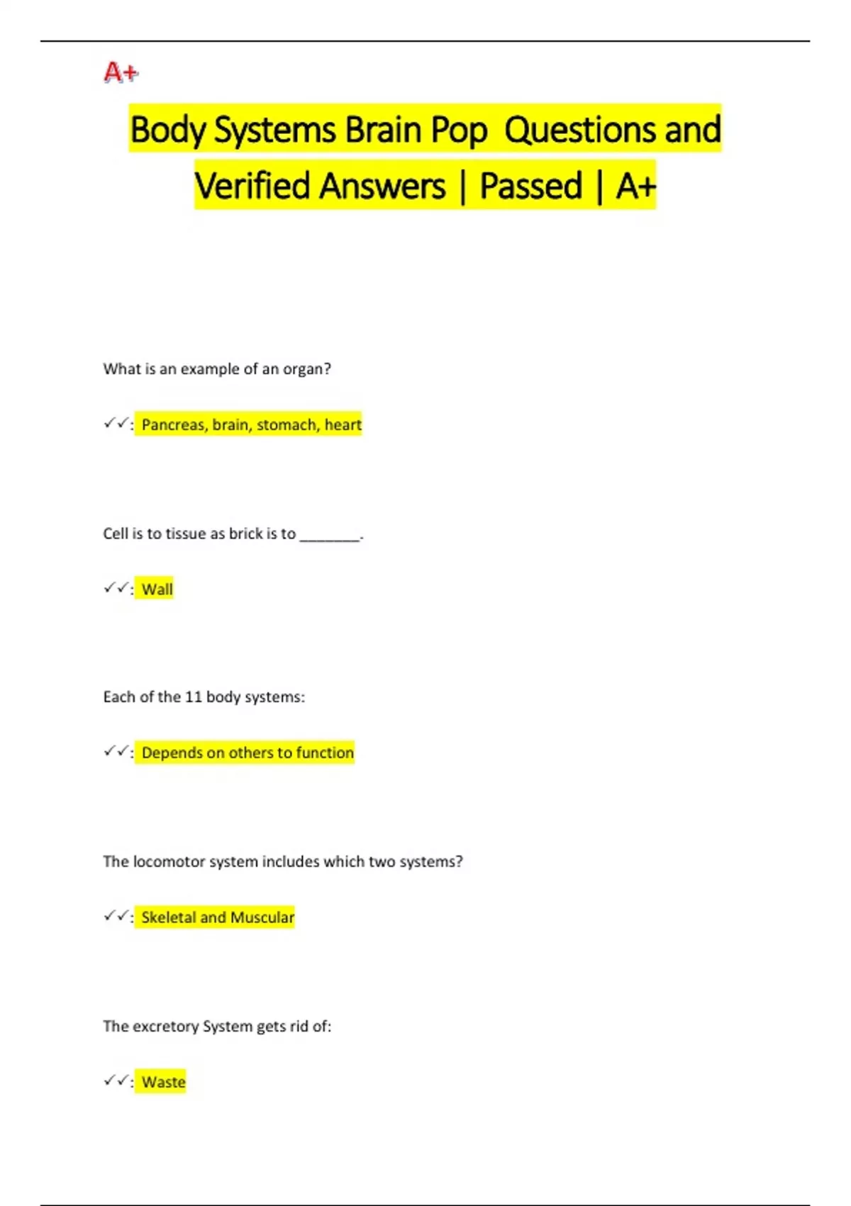 Body Systems Brain Pop Questions and Verified Answers | Passed | A+ ...