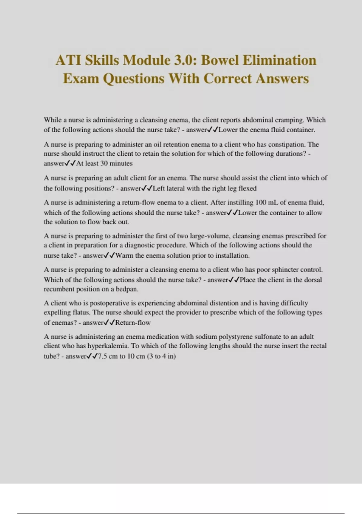 ATI Skills Module 3.0: Bowel Elimination Exam Questions With Correct ...