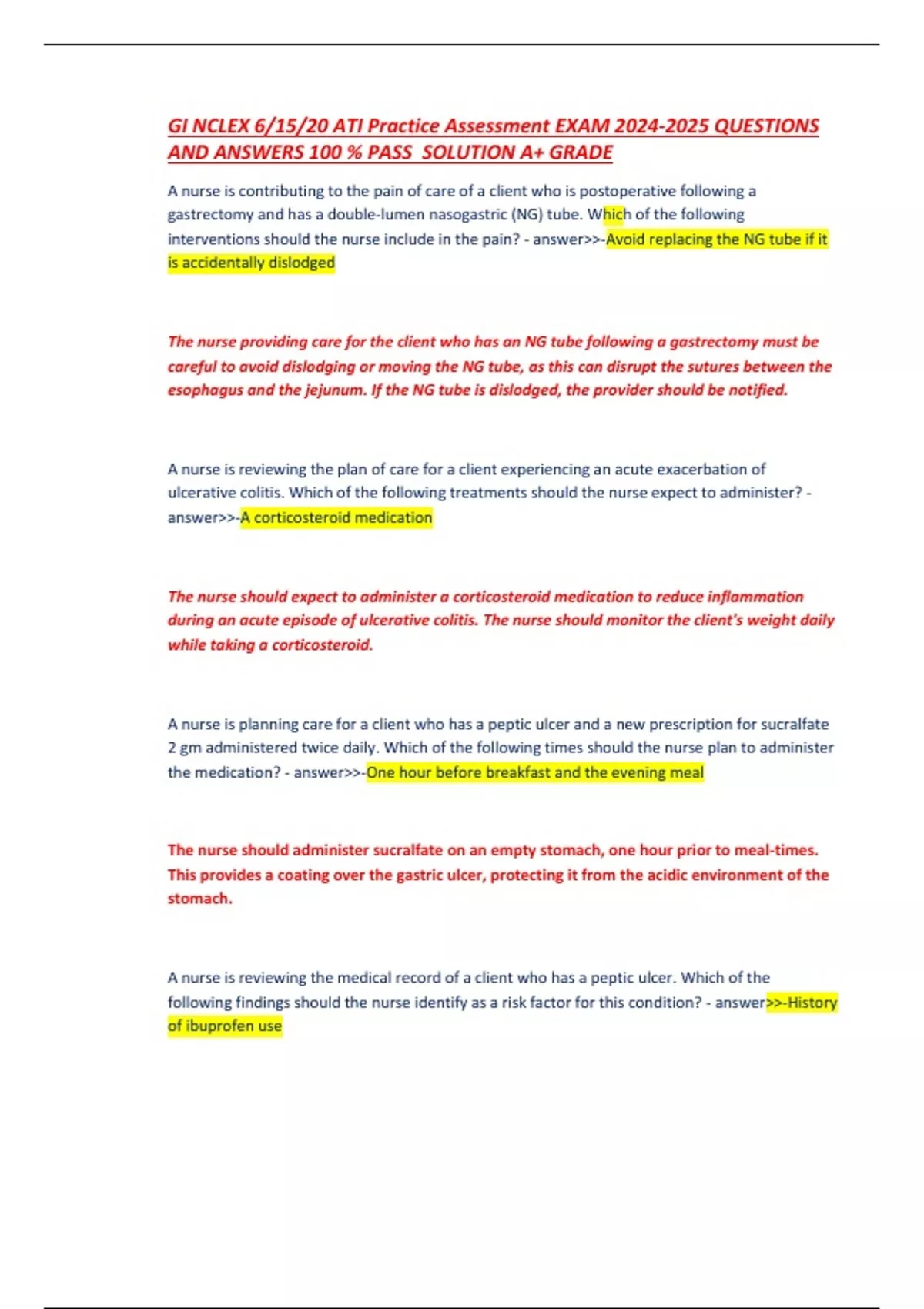 GI NCLEX 6/15/20 ATI Practice Assessment EXAM QUESTIONS AND ANSWERS 100 ...