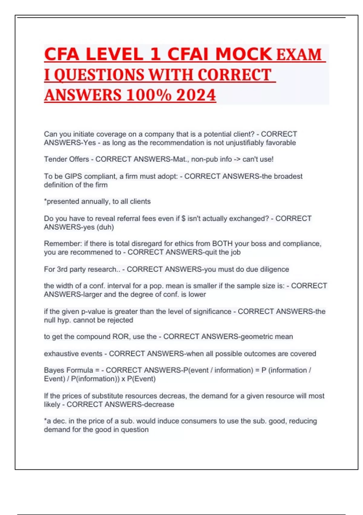 CFA LEVEL 1 CFAI MOCK EXAM I QUESTIONS WITH CORRECT ANSWERS 100% 2024 - CFA LEVEL 1 CFAI MOCK ...