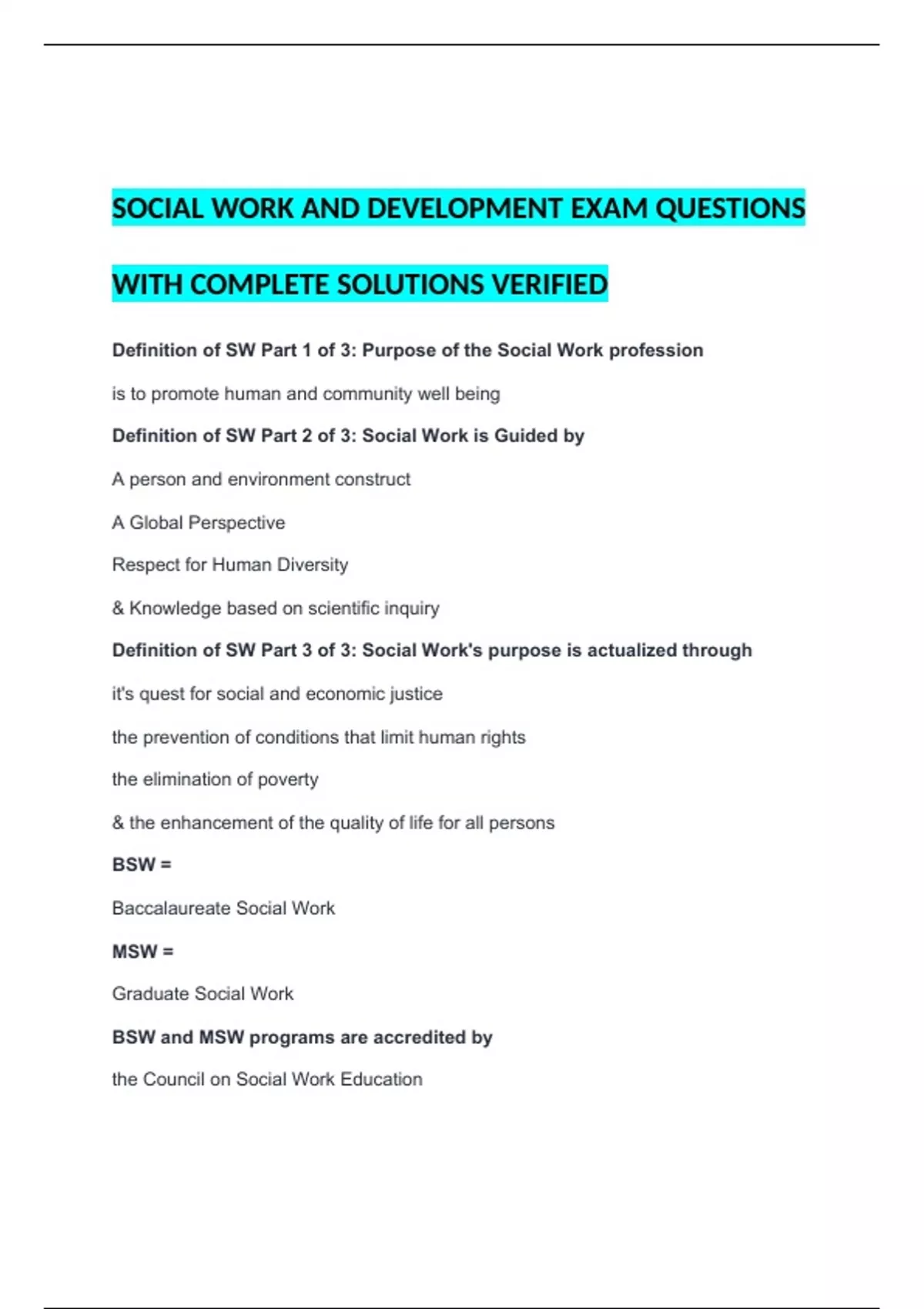 SOCIAL WORK AND DEVELOPMENT EXAM QUESTIONS WITH COMPLETE SOLUTIONS ...