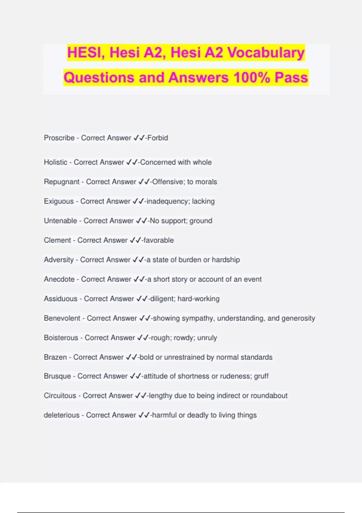 HESI, Hesi A2, Hesi A2 Vocabulary Questions and Answers 100% Pass ...