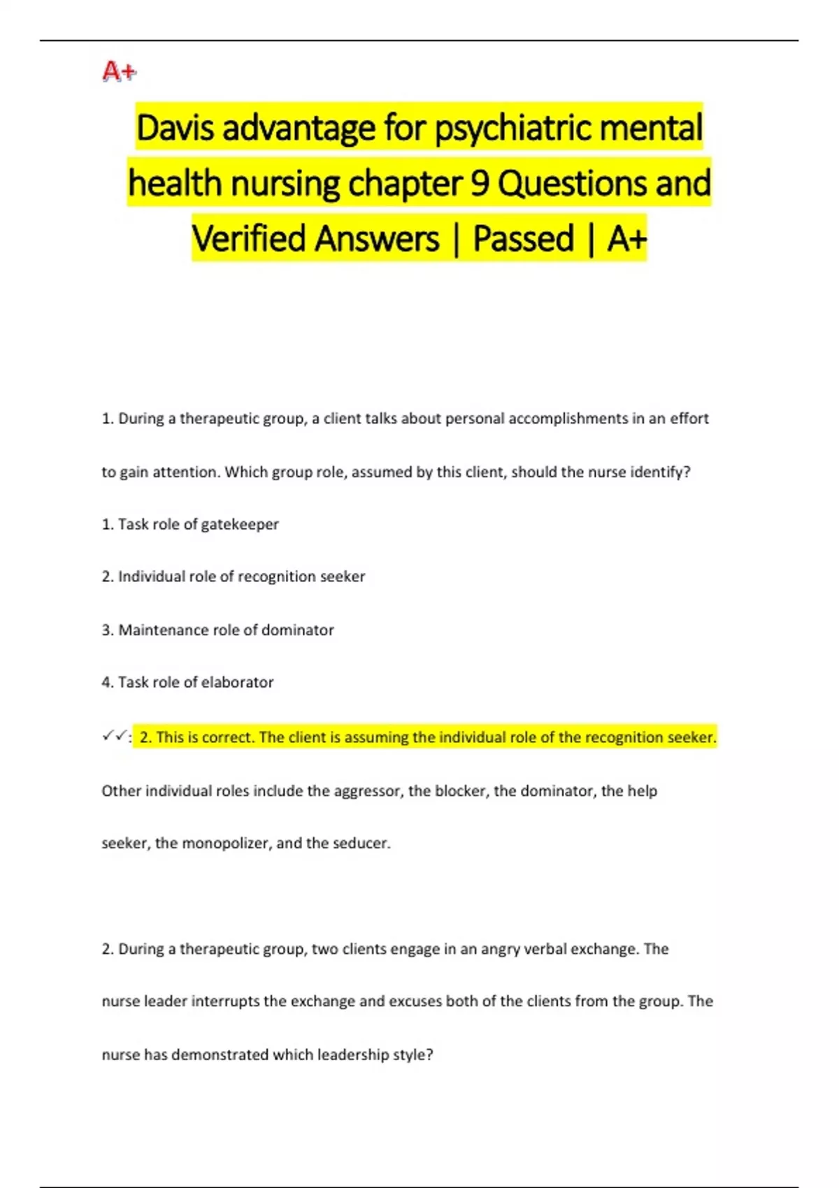 Davis advantage for psychiatric mental health nursing chapter 9 ...