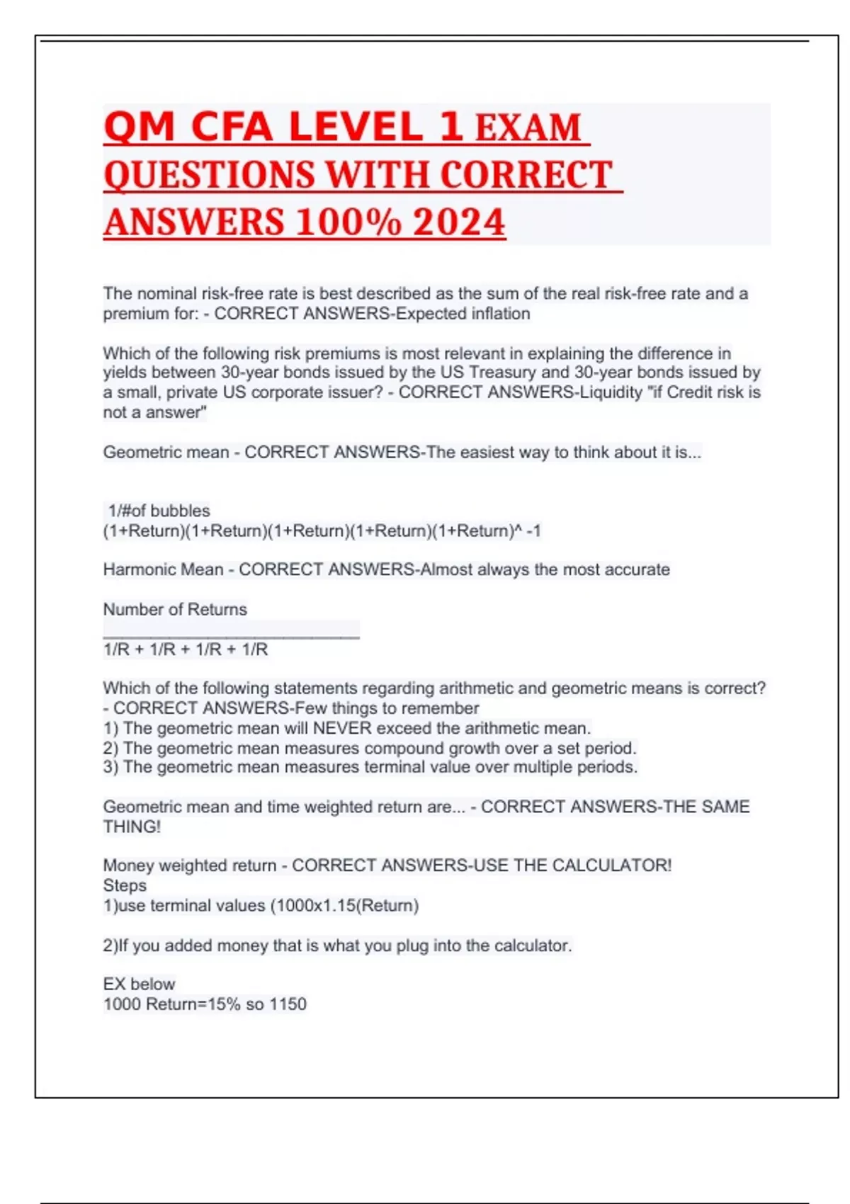 QM CFA LEVEL 1 EXAM QUESTIONS WITH CORRECT ANSWERS 100% 2024 - QM CFA ...