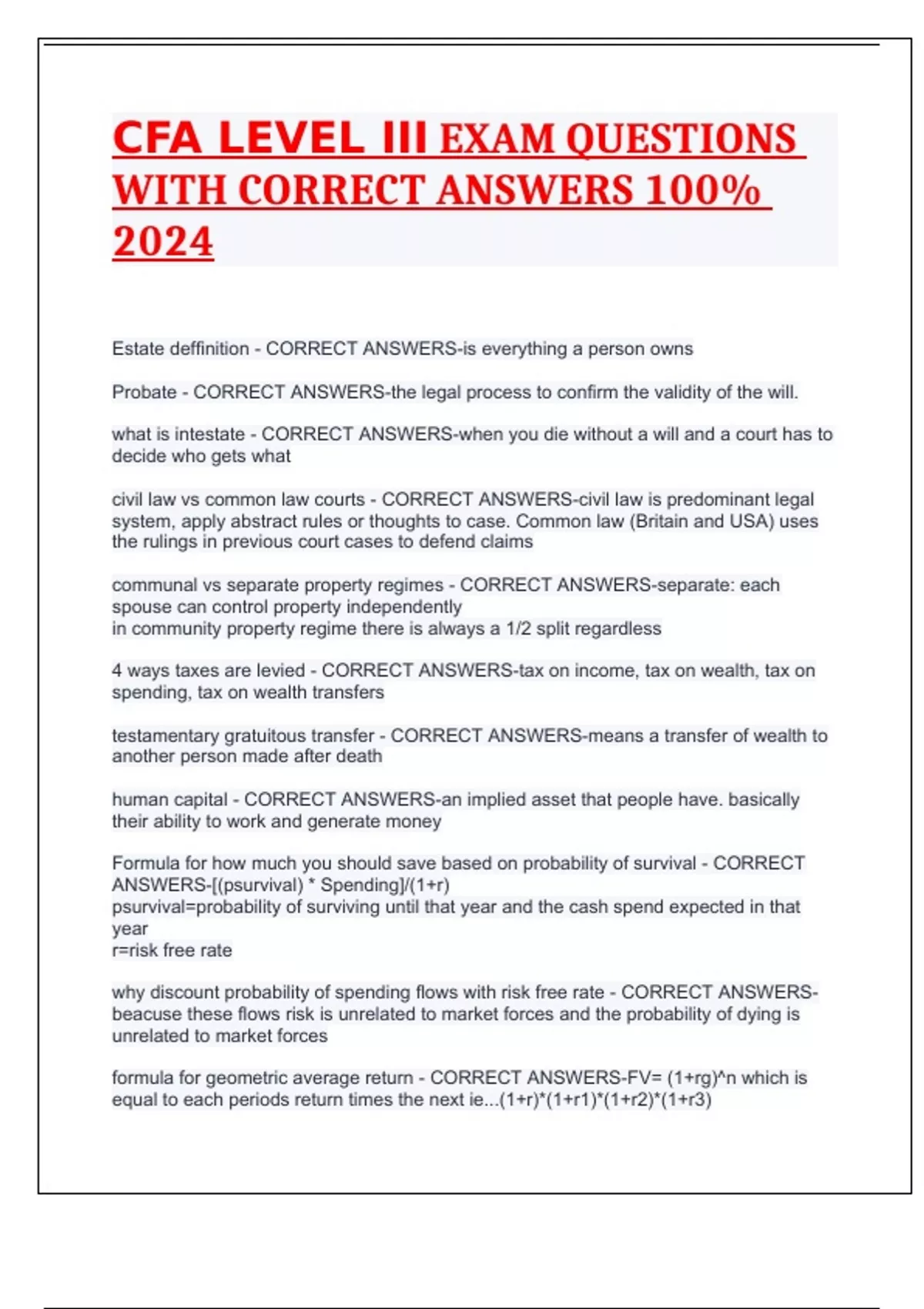 CFA LEVEL III EXAM QUESTIONS WITH CORRECT ANSWERS 100% 2024 - CFA LEVEL III - Stuvia US