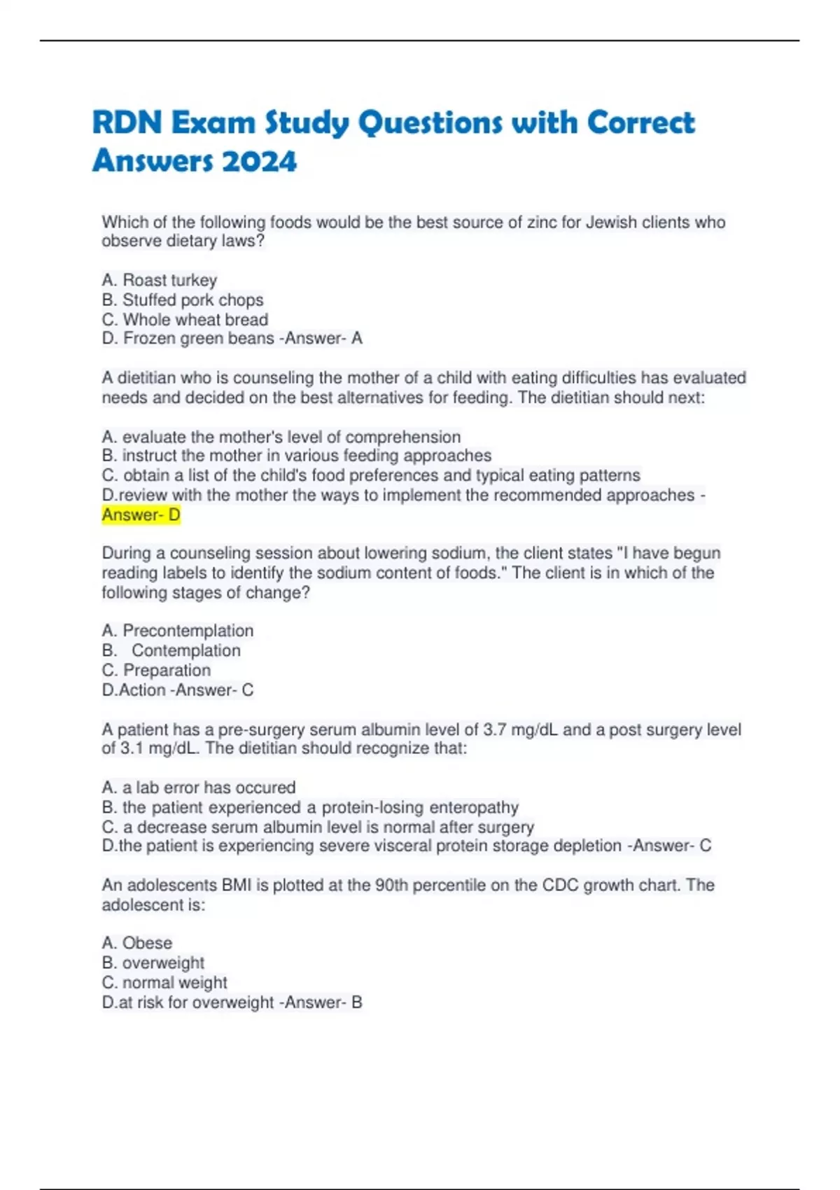 RDN Exam Study Questions with Correct Answers 2024 - RDN Ex - Stuvia US