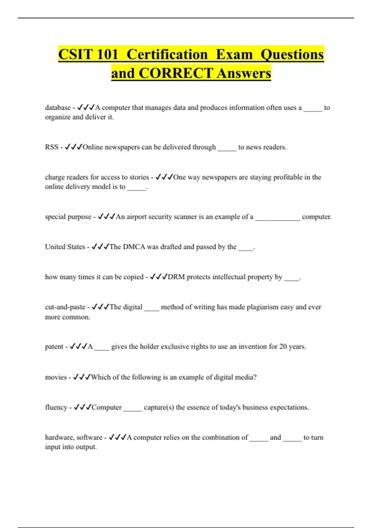 CSIT Bundled Exam Questions ALL WITH CORRECT Answers - Stuvia US