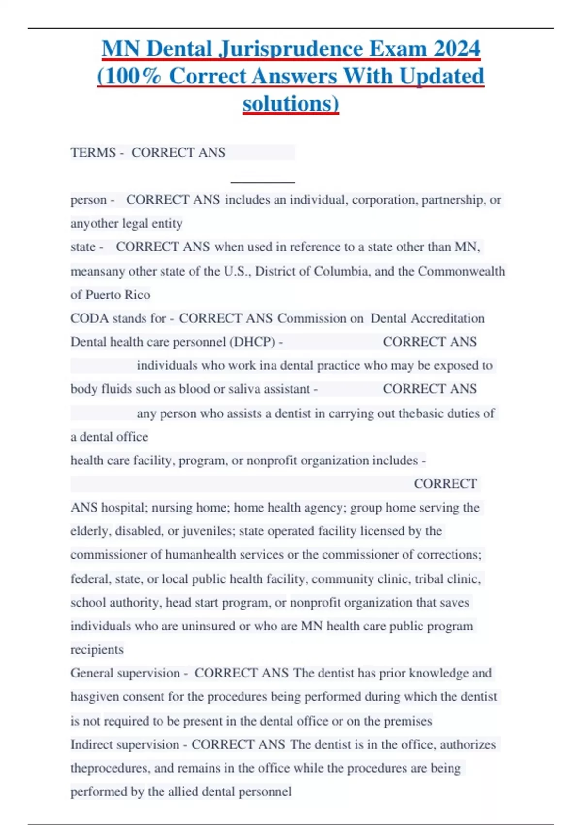 MN Dental Jurisprudence Exam 2024 (100% Correct Answers With Updated ...