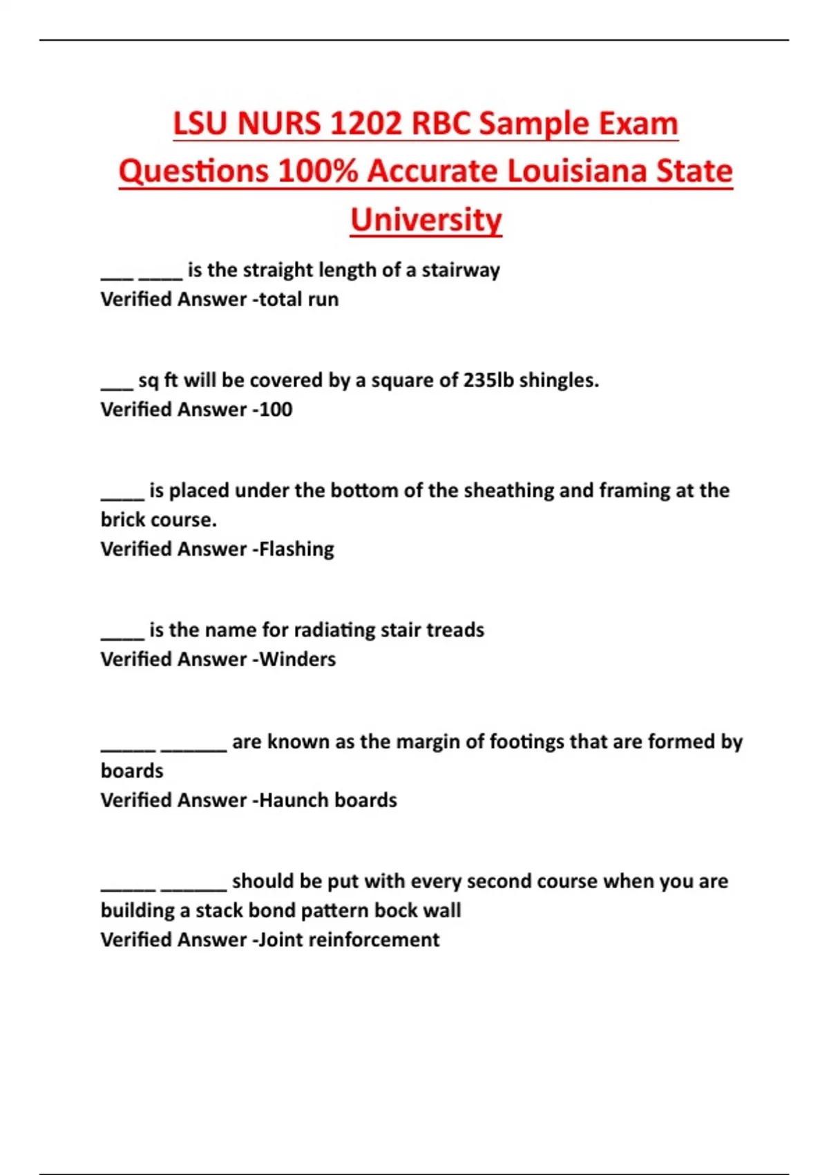 LSU NURS 1202 RBC Sample Exam Questions 100% Accurate Louisiana State ...
