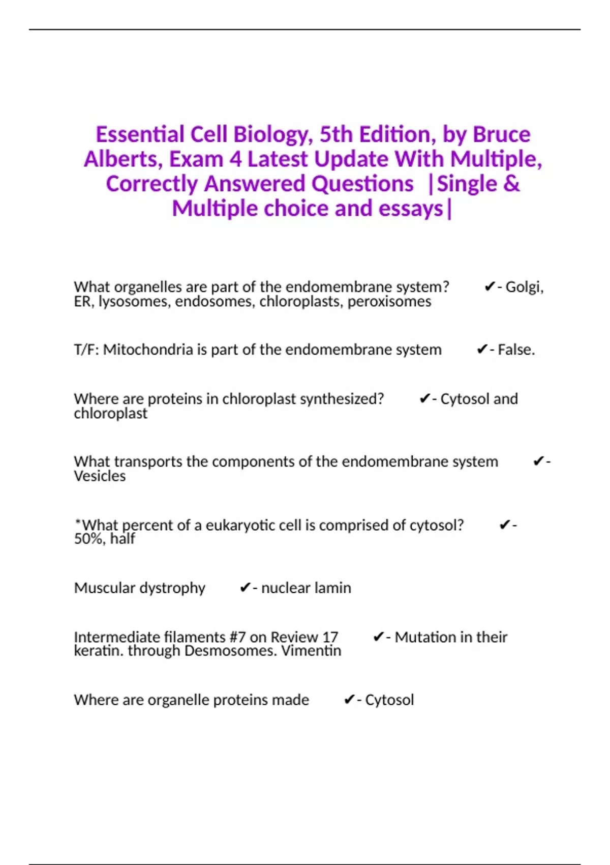 Essential Cell Biology, 5th Edition, by Bruce Alberts, Exam 4 Latest ...