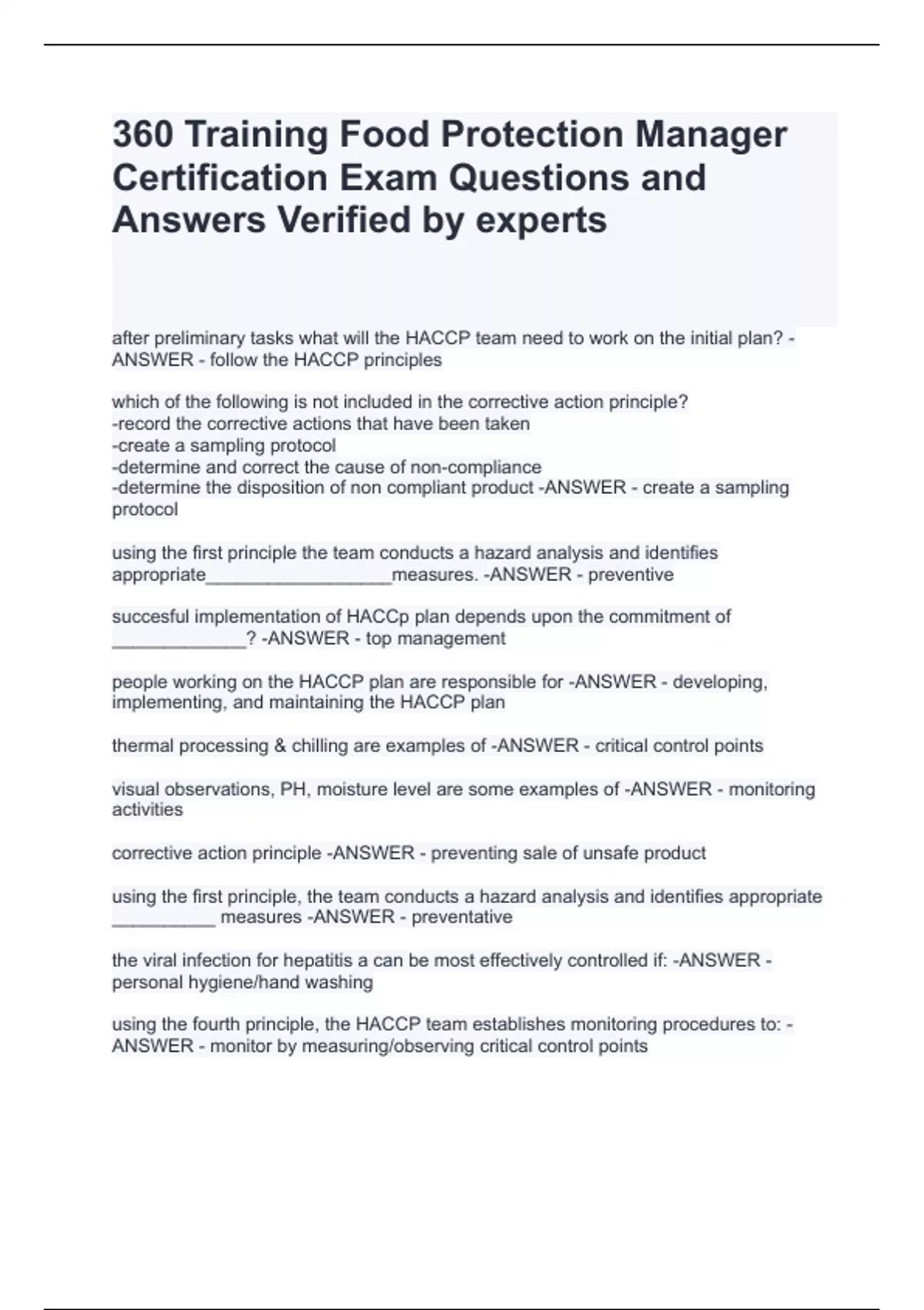 360 Training Food Protection Manager Certification Exam Questions and ...