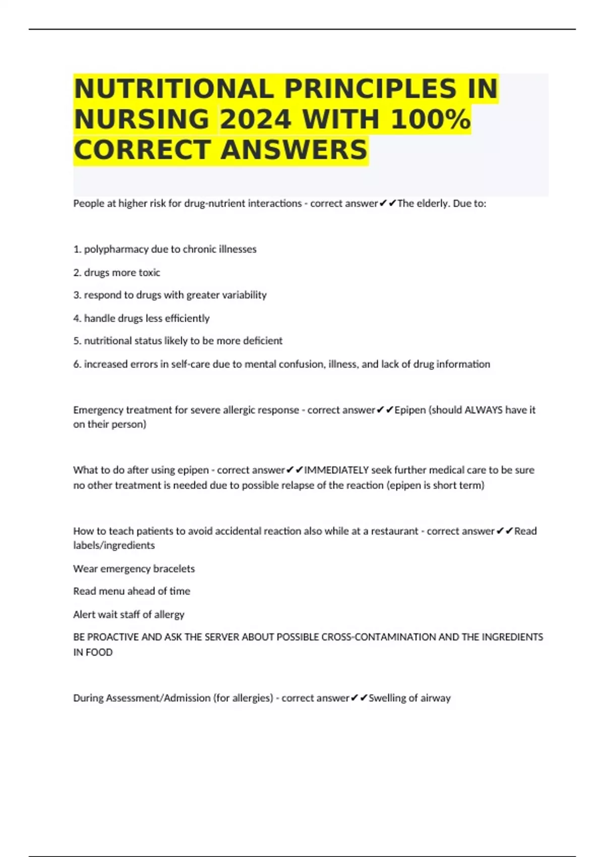 NUTRITIONAL PRINCIPLES IN NURSING 2024 WITH 100% CORRECT ANSWERS ...