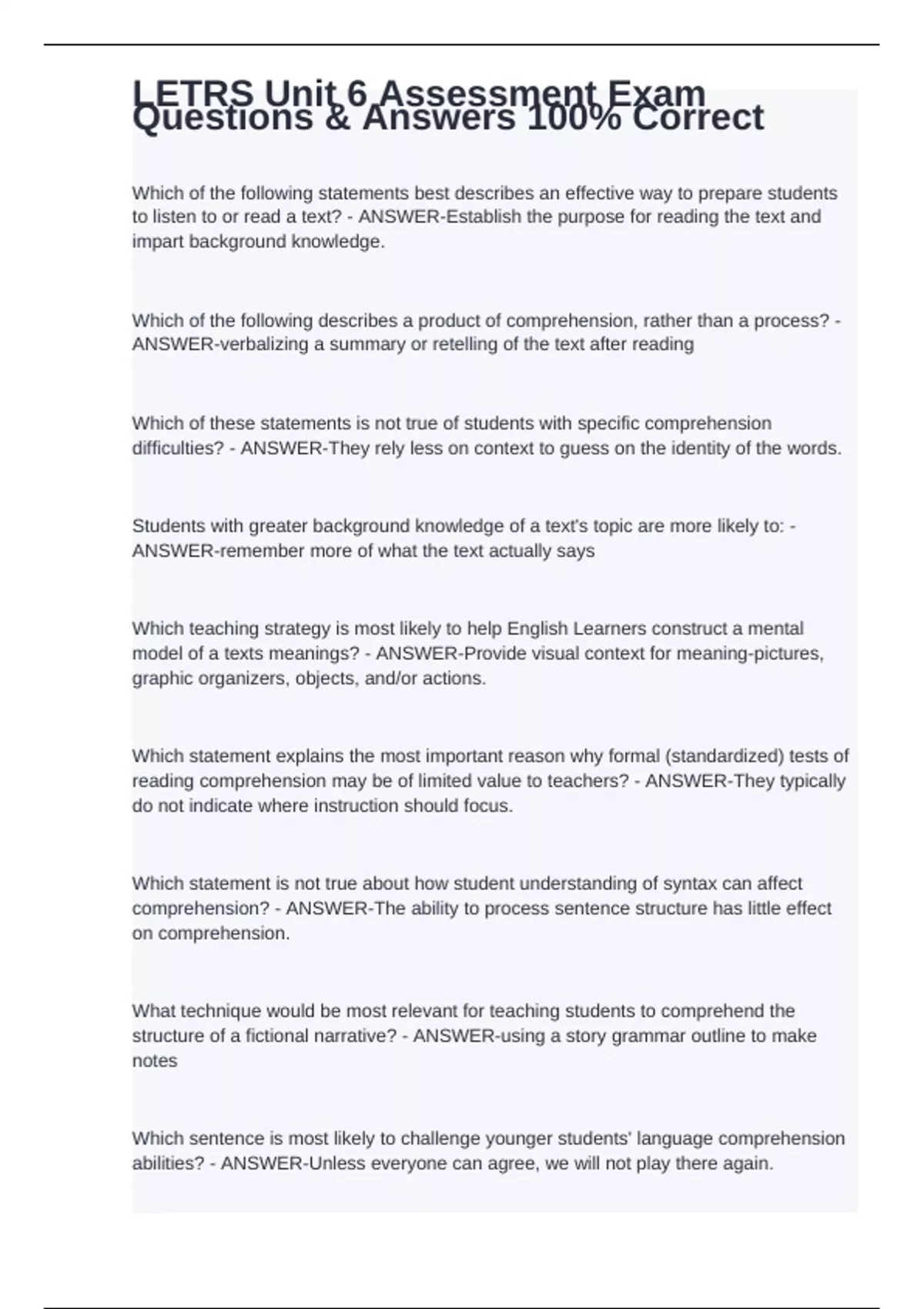 LETRS Unit 6 Assessment Exam Questions & Answers 100% Correct - LETRS ...