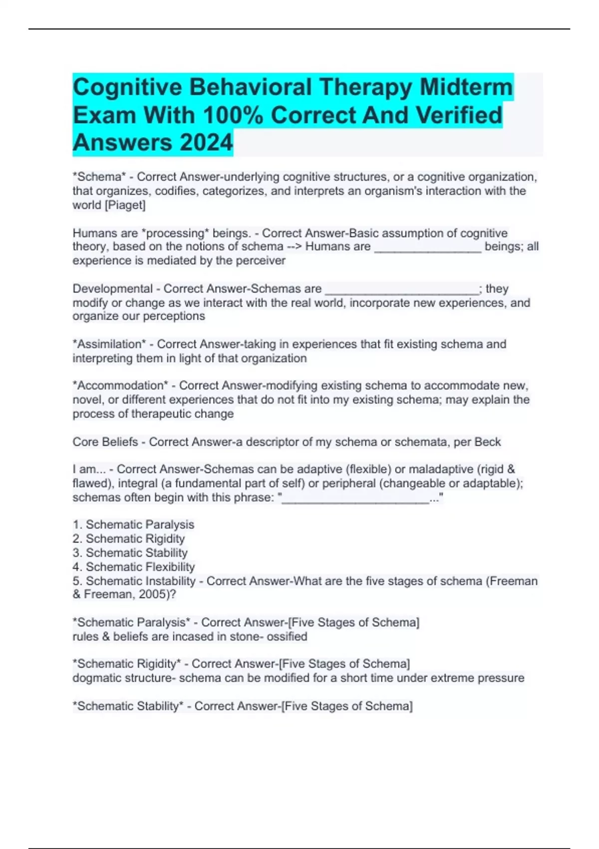 Cognitive Behavioral Therapy Midterm Exam With 100% Correct And Verified Answers 2024 - CBT ...