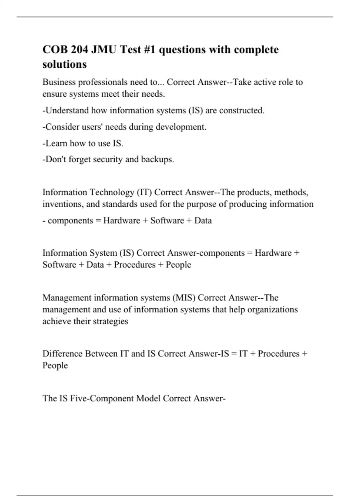 COB 204 JMU Test #1 questions with complete solutions - COB 204 - Stuvia US