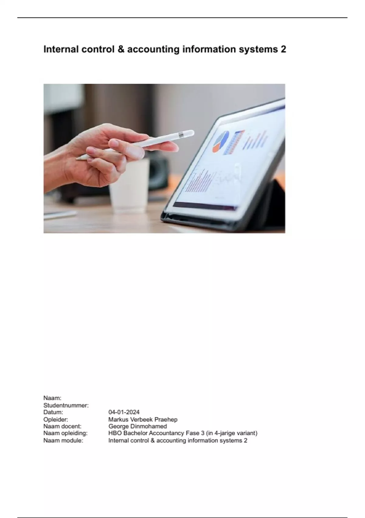 Moduleopdracht (7,5) Internal Control & Accounting Information Systems 2 - Internal Control ...