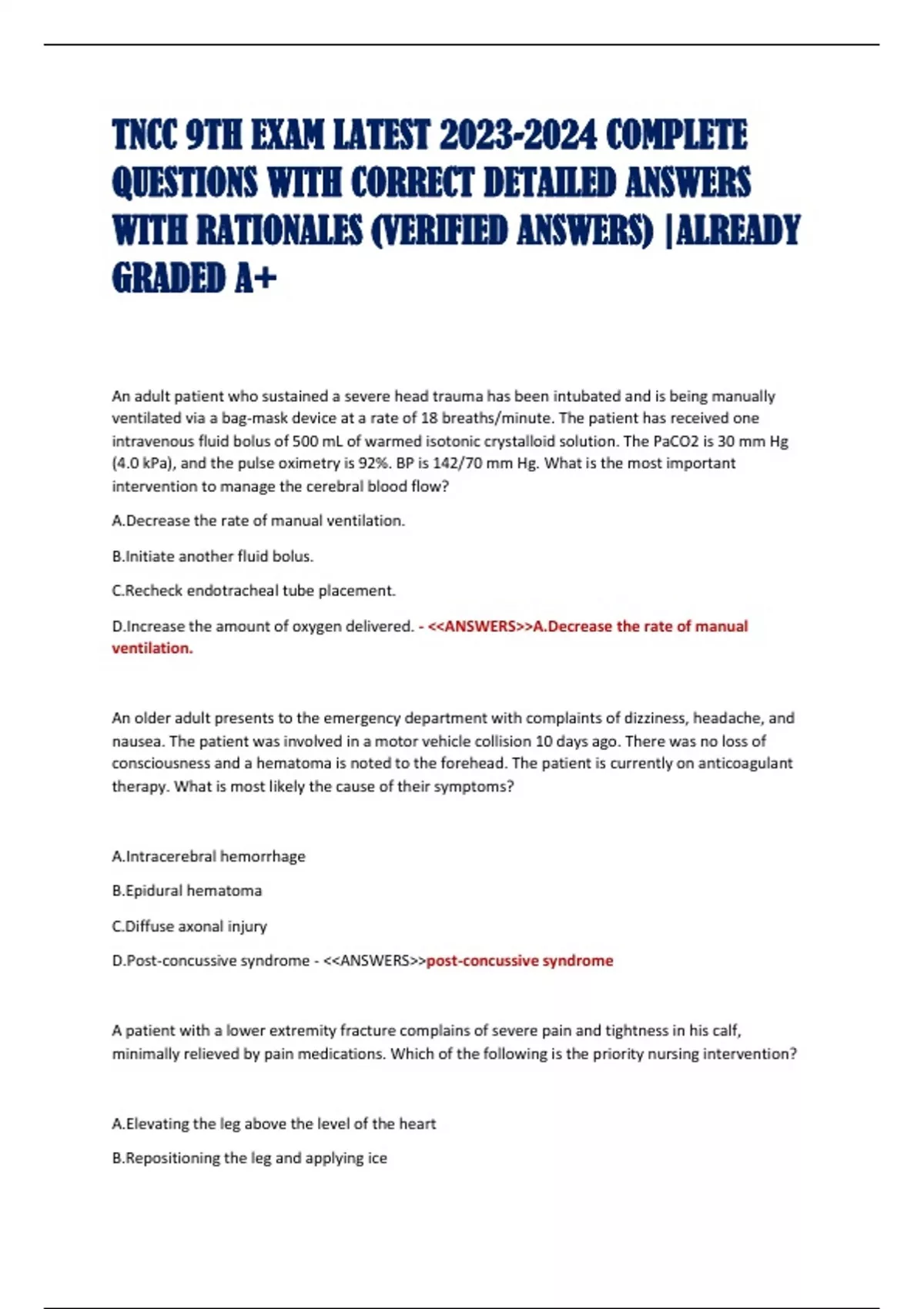 TNCC 9TH EXAM LATEST COMPLETE QUESTIONS WITH CORRECT DETAILED ANSWERS ...