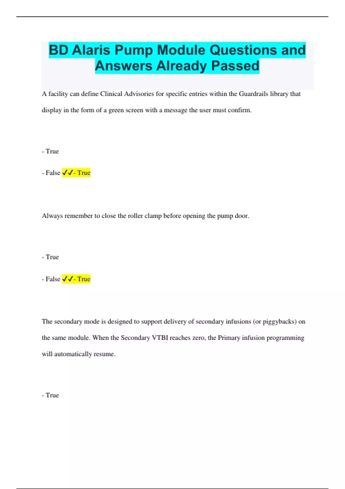 BD Alaris Pump Module Questions and Answers Already Passed - BD Alaris Pump Module - Stuvia US
