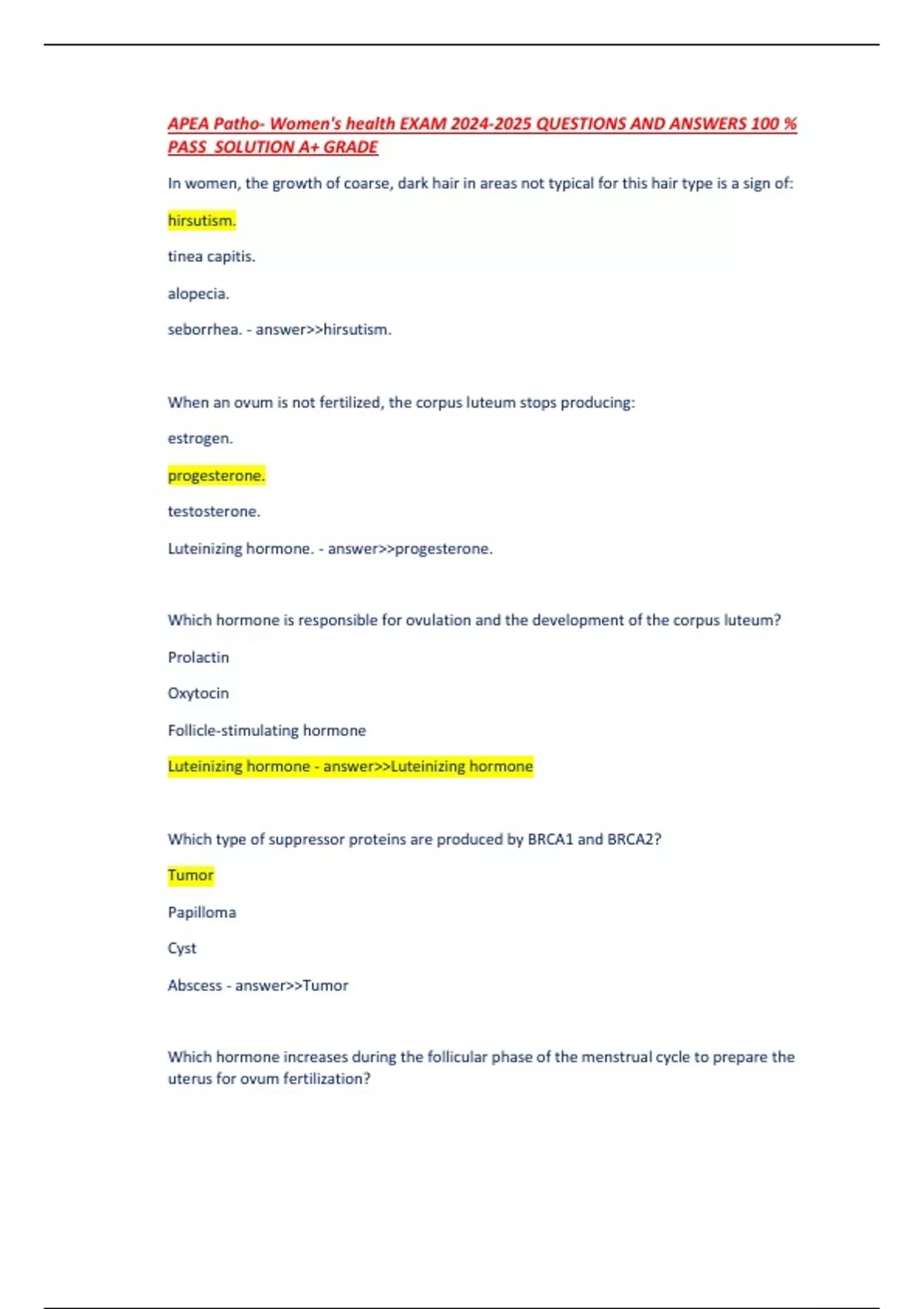 APEA Patho- Women's health EXAM QUESTIONS AND ANSWERS 100 % PASS ...