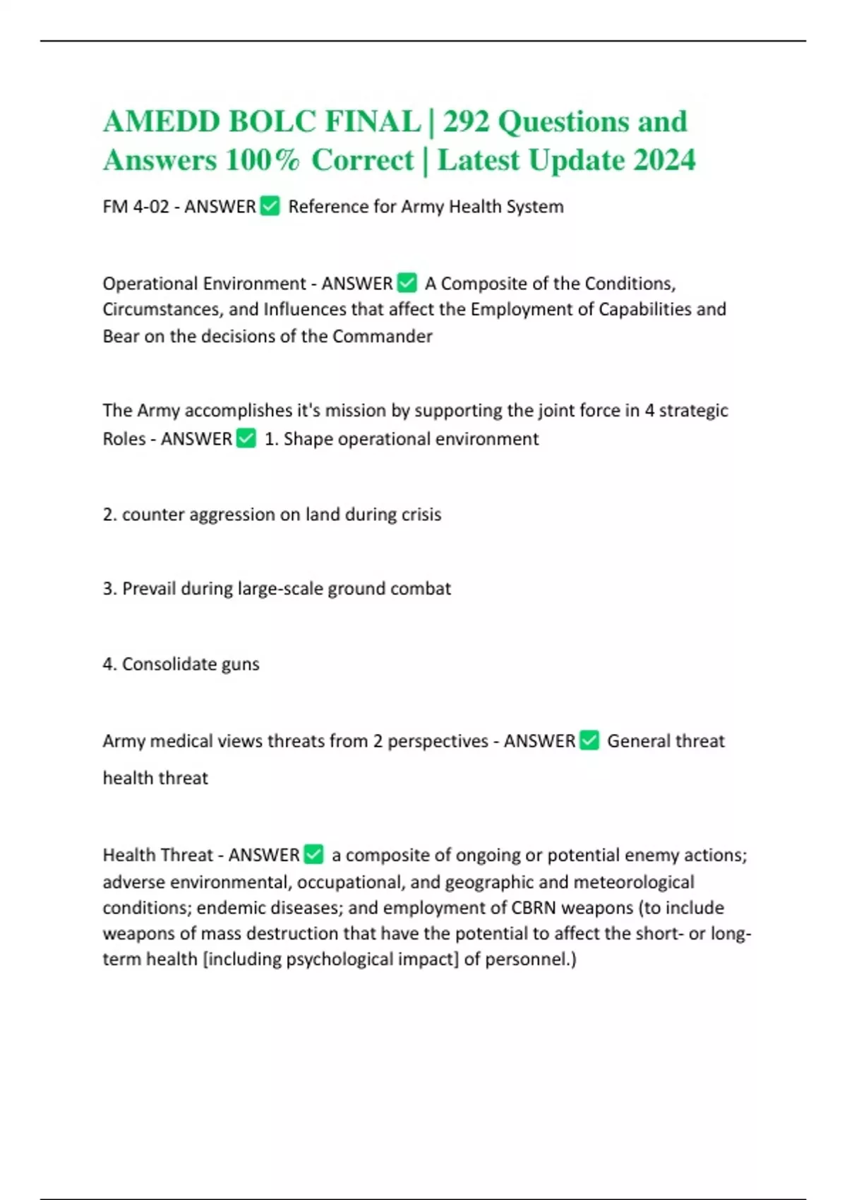 AMEDD BOLC FINAL | 292 Questions and Answers 100% Correct | Latest ...