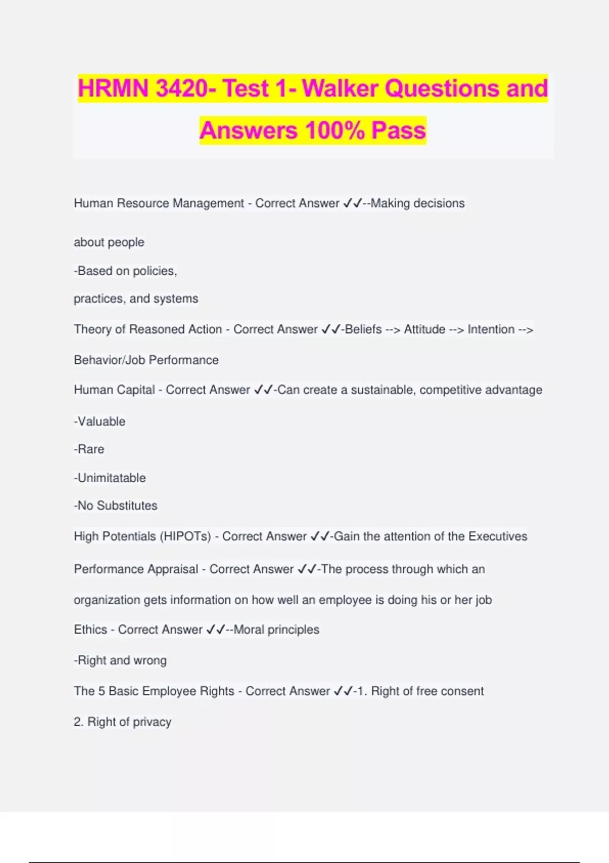 HRMN 3420- Test 1- Walker Questions and Answers 100% Pass - HRMN 3420 ...