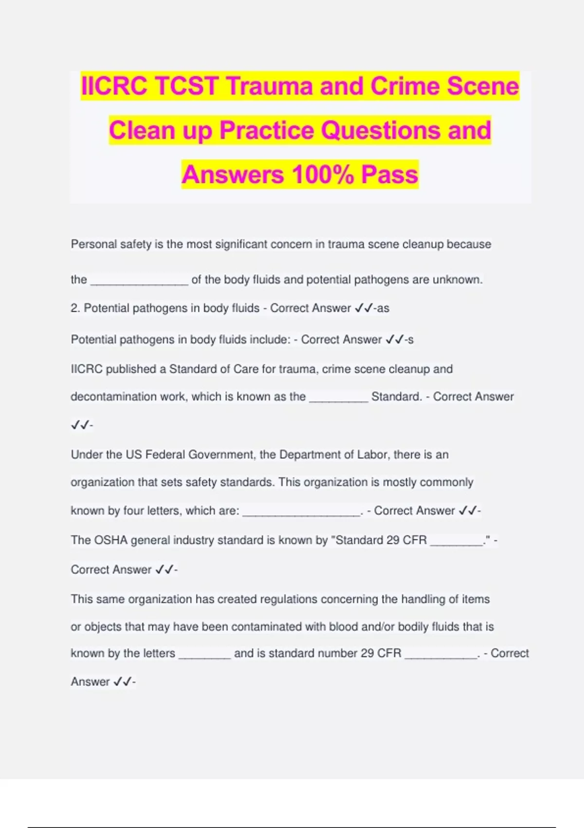 IICRC TCST Trauma and Crime Scene Clean up Practice Questions and ...