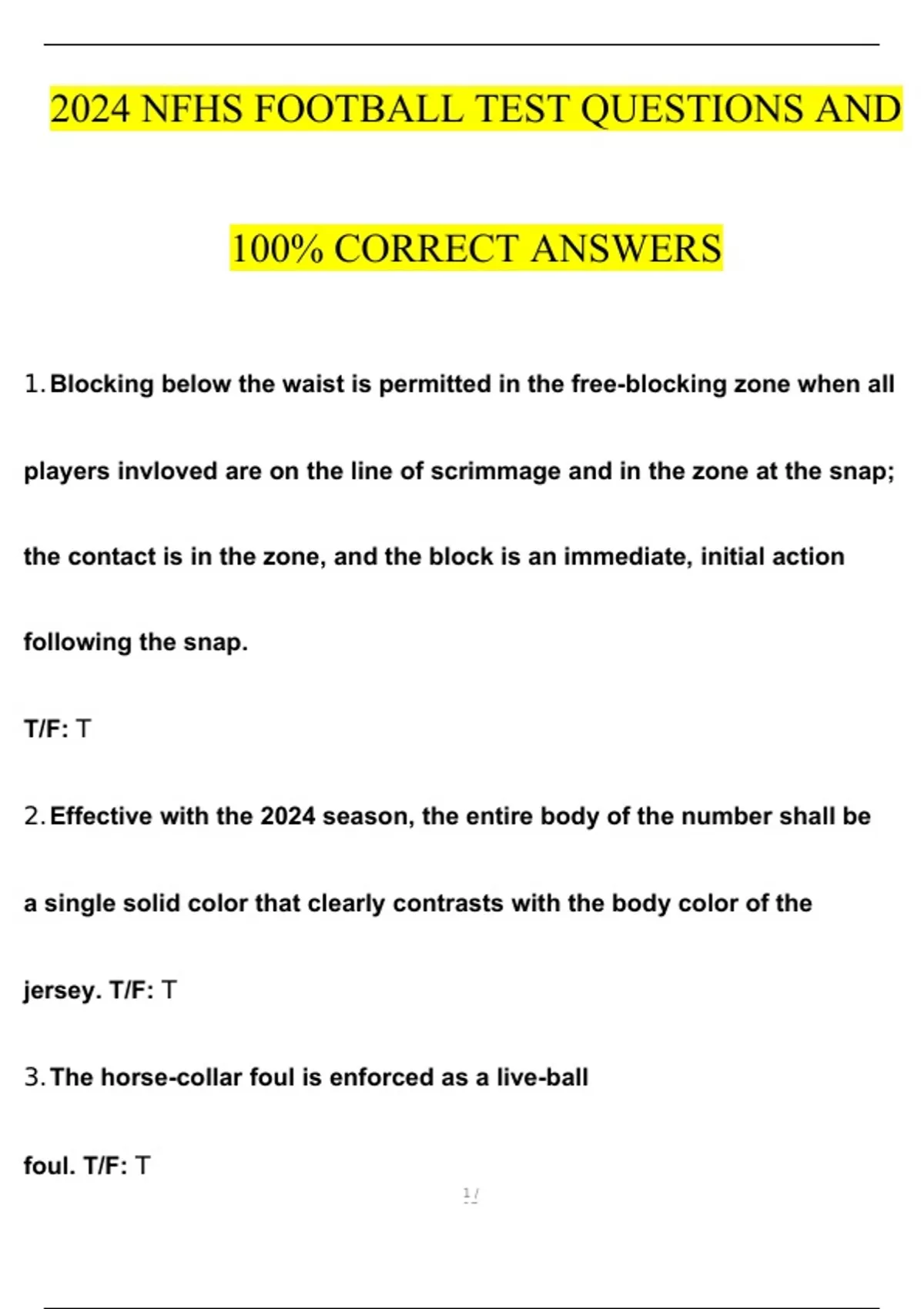 NFHS FOOTBALL TEST EXAM 2024 WITH 100% CORRECT ANSWERS - NFHS FOOTBALL ...