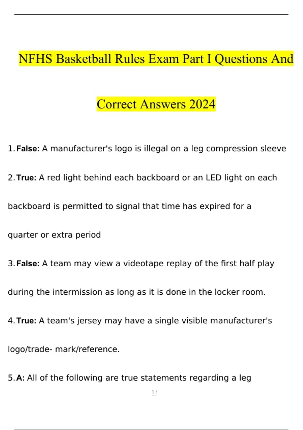 NFHS Basketball Rules Exam Part I Questions and Complete Solutions ...