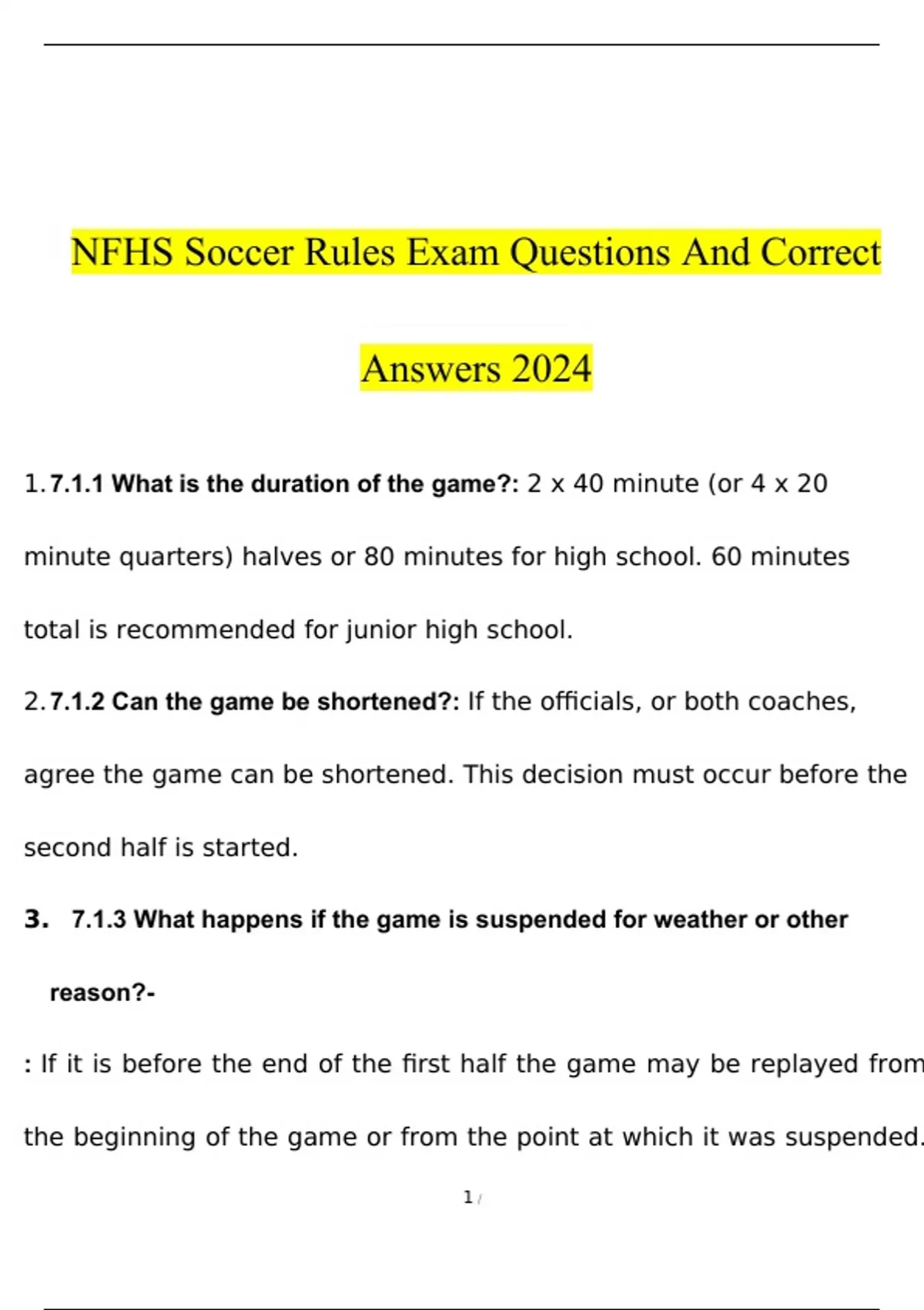 NFHS Soccer Rules exam Questions with Complete Verified Solutions 2024 ...