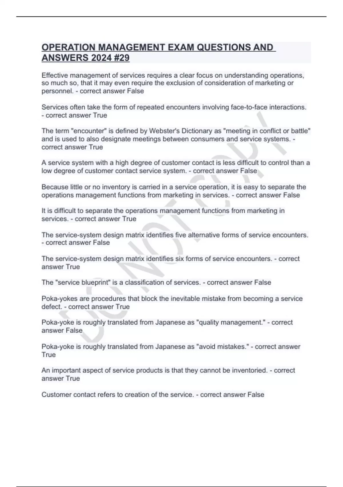 OPERATION MANAGEMENT EXAM QUESTIONS AND ANSWERS 2024 #29 - OPERATIONS ...