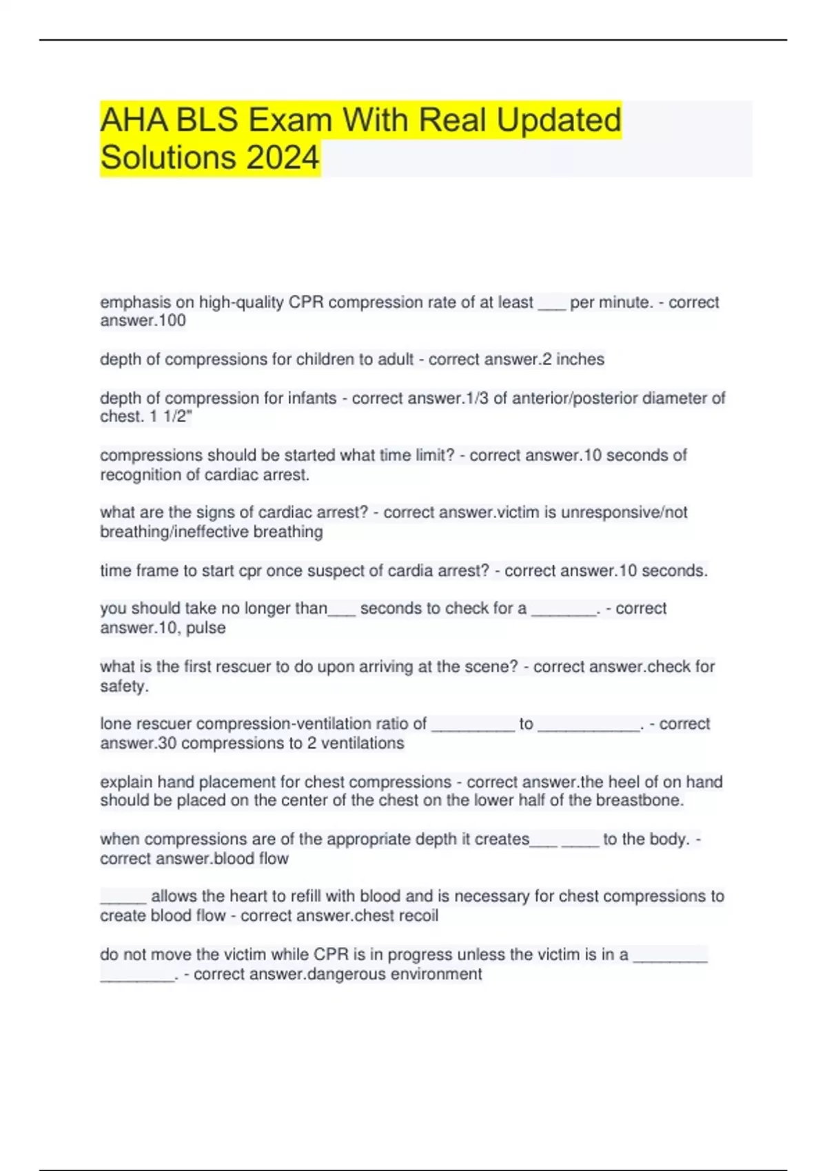 AHA BLS Exam With Real Updated Solutions 2024 - AHA BLS - Stuvia US