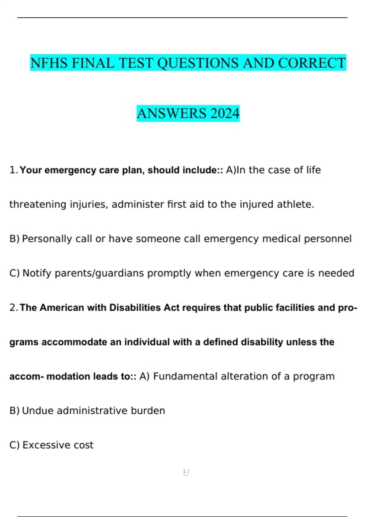 NFHS FINAL TEST QUESTIONS WITH CORRECT ANSWERS 2024 - Nfhs - Stuvia US