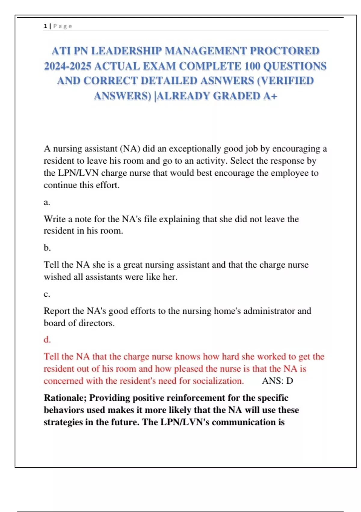 ATI PN LEADERSHIP MANAGEMENT PROCTORED ACTUAL EXAM COMPLETE 100 ...