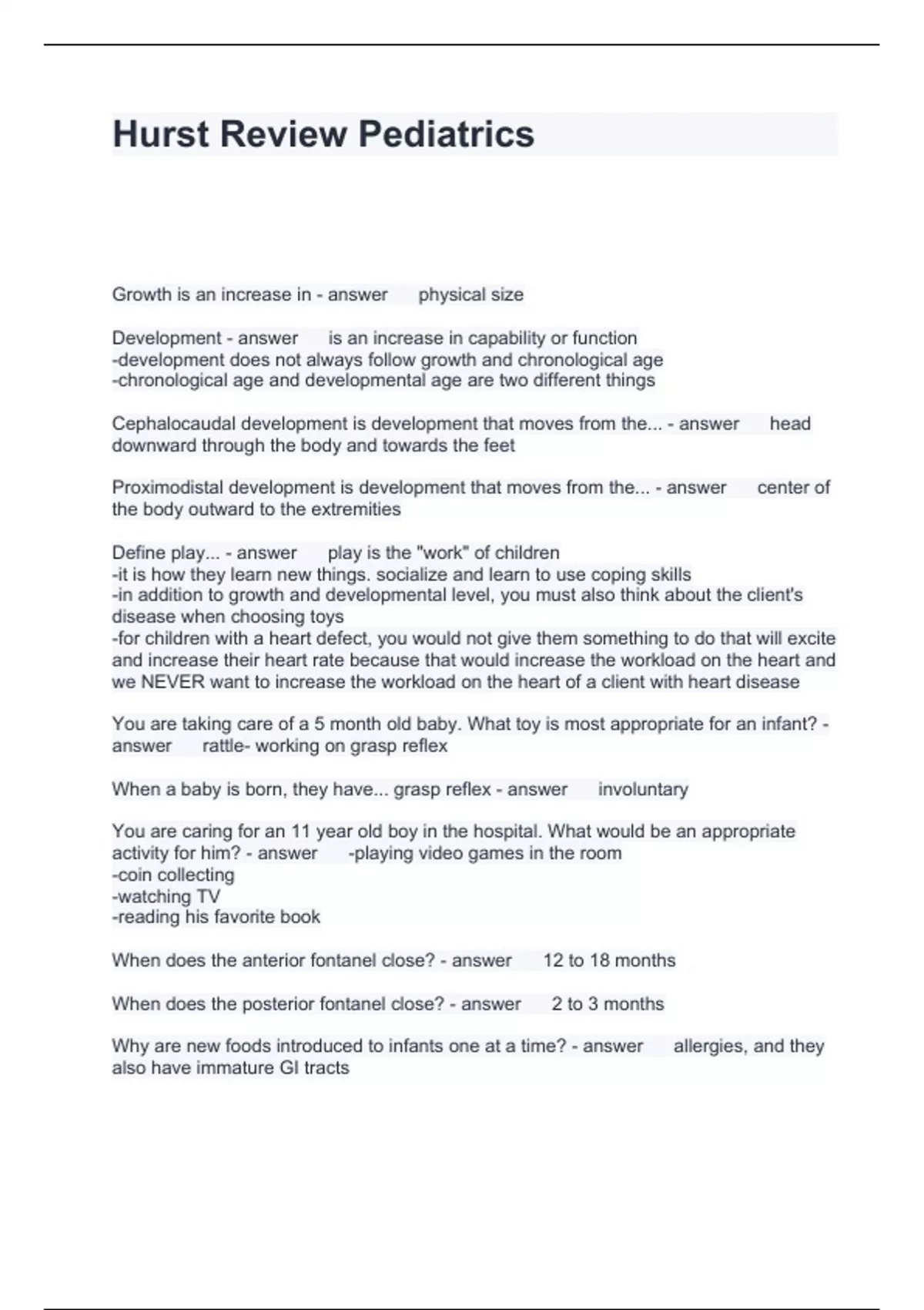 Hurst Review Pediatrics Questions with Solutions 2024 - HURST - Stuvia US