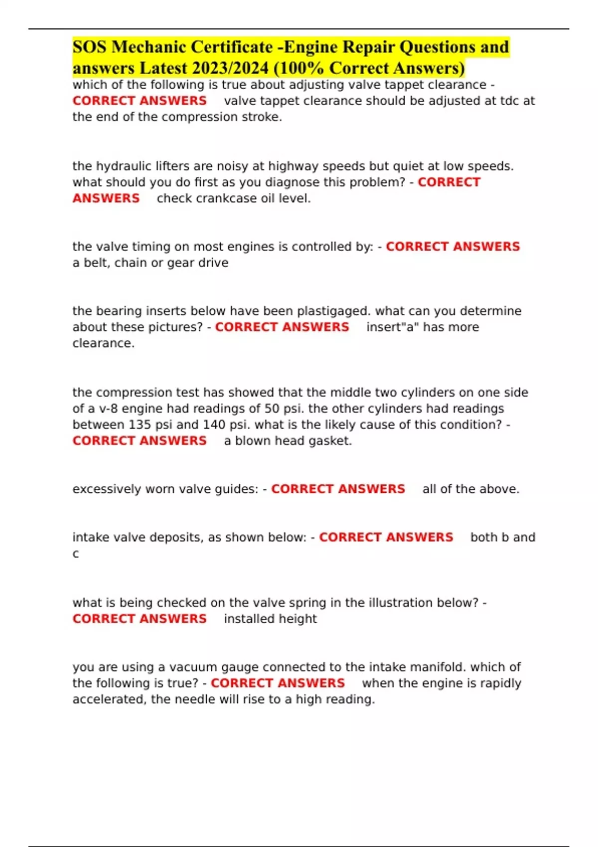 SOS Mechanic Certificate -Engine Repair Questions and answers Latest ...