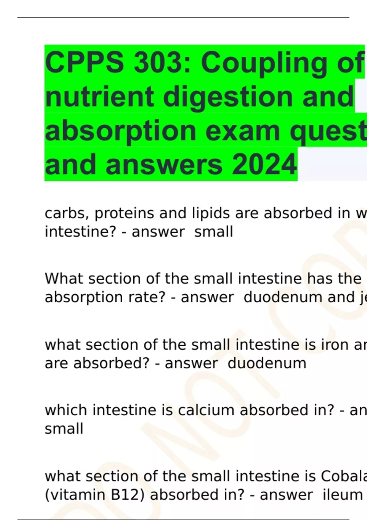 CPPS 303: Coupling of nutrient digestion and absorption exam questions and answers 2024 - CPPS ...