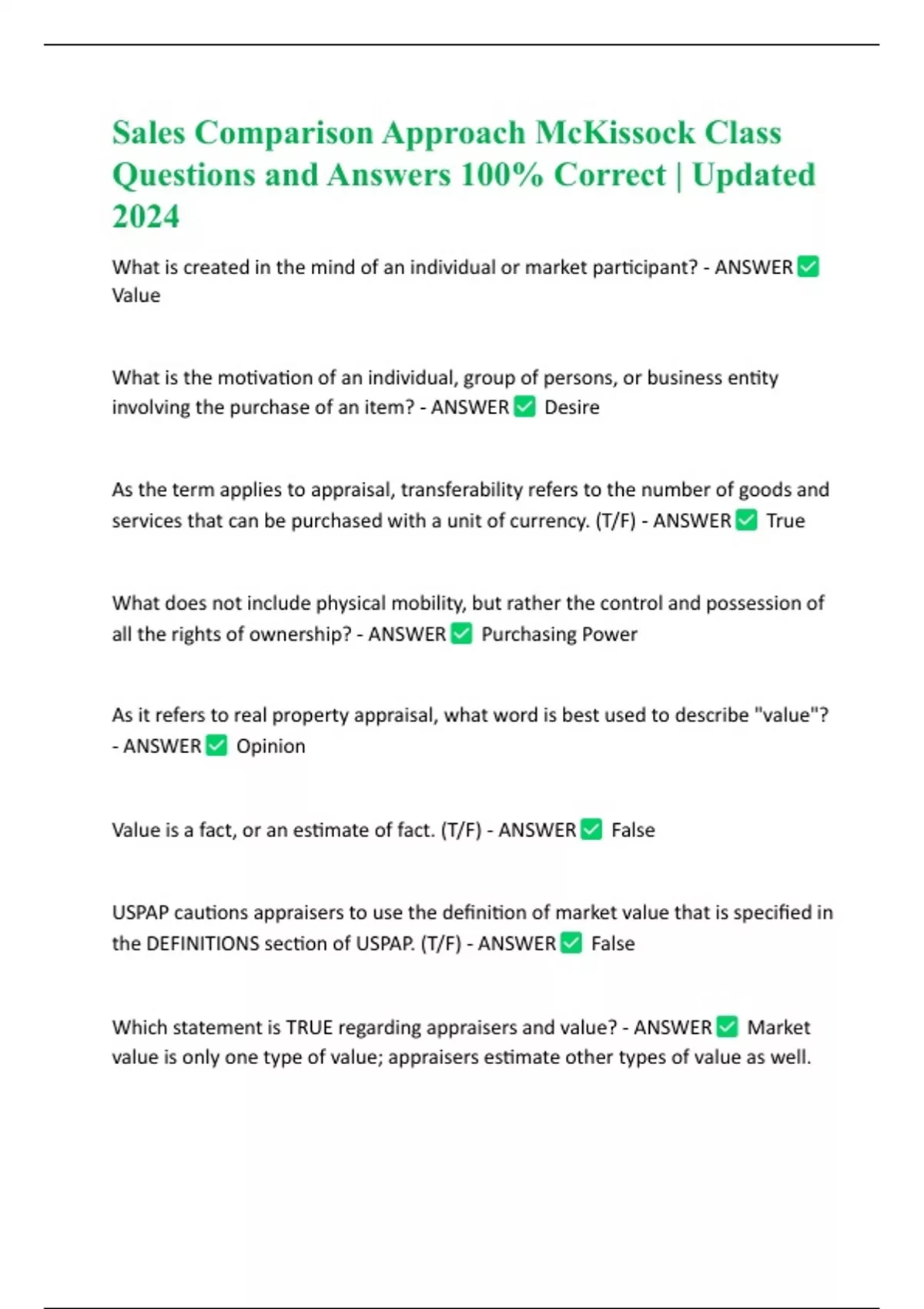 Sales Comparison Approach McKissock Class Questions and Answers 100% ...